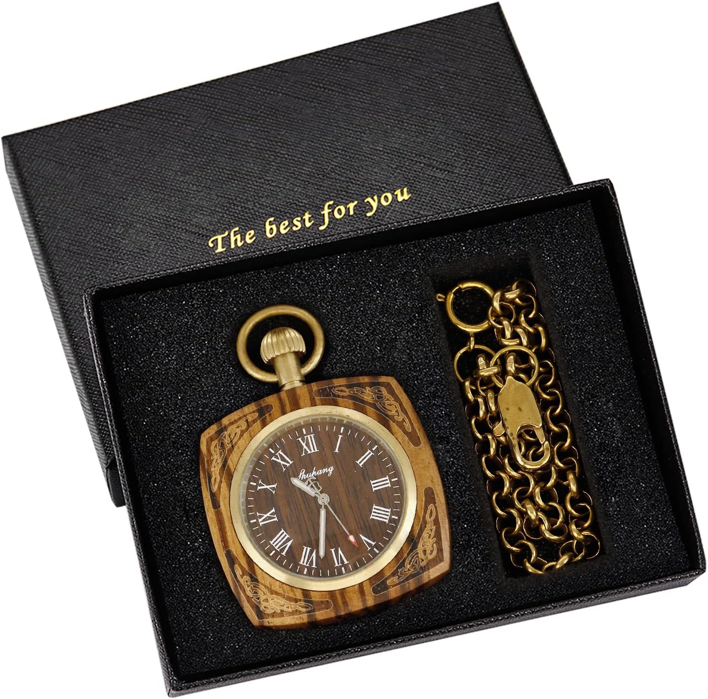 Wooden Pocket Watch with 37CM Chain Handmade Watches Roman Digital Dial ...