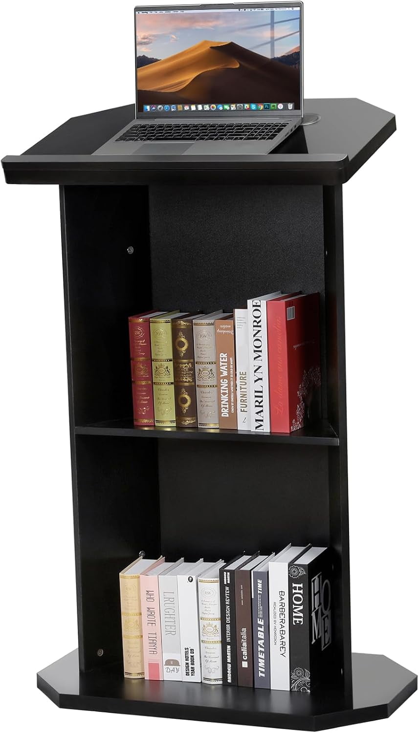 Wooden Podium with Large 2-Tier Shelve and Reserved Wire Hole, 49" Wood ...