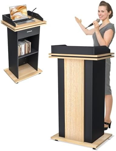 Wooden Podium with Large 3 Levels of Storage, Modern Wood Podium with ...