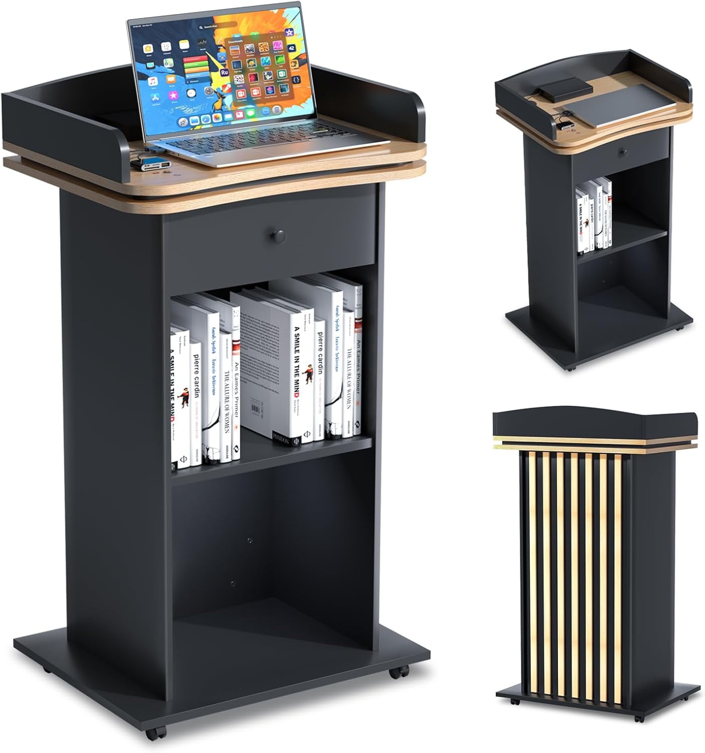 Wooden Podium with Large 3 Levels of Storage, Modern Wood Podium with ...