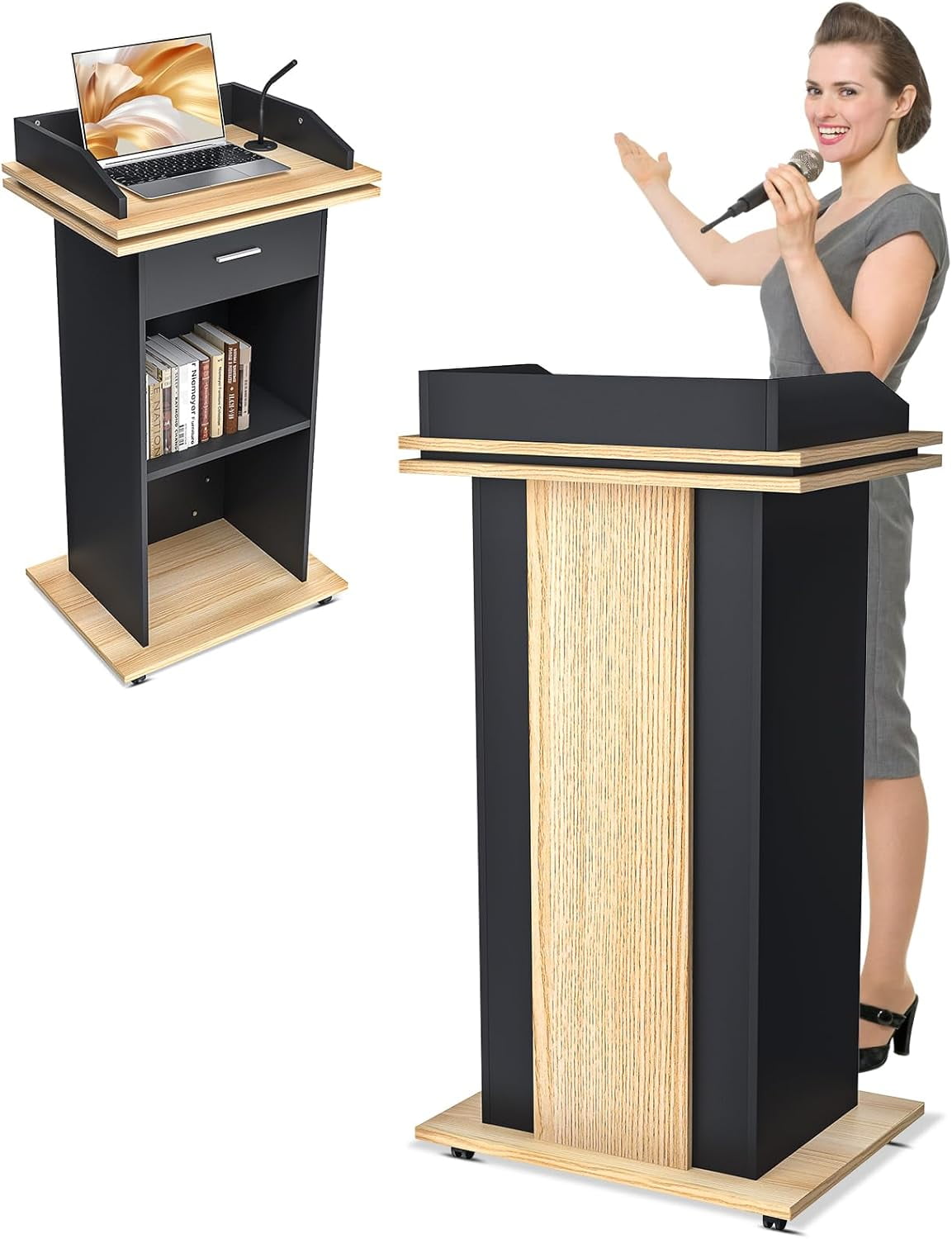 Wooden Podium Stand with 3 - Tier Storage Shelves, Lockable Wheels ...