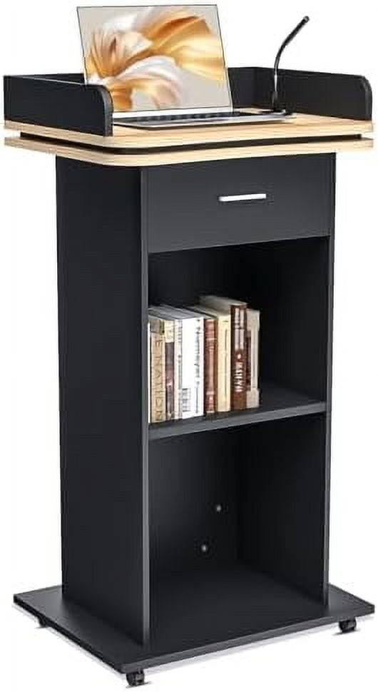 Wooden Podium Stand with 3 - Tier Storage Shelves, Lockable Wheels ...