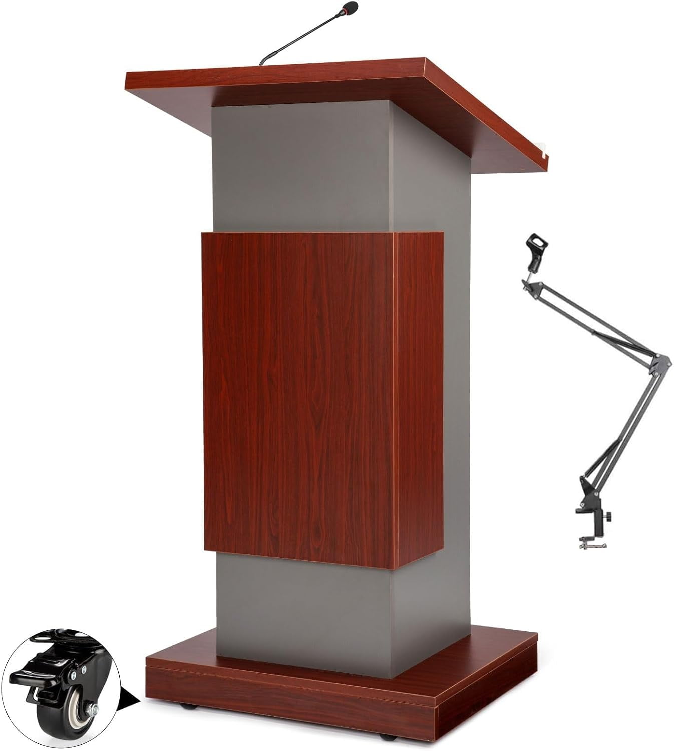 Wooden Podium Stand with Wheels+Adjustable Microphone Stand, Portable ...