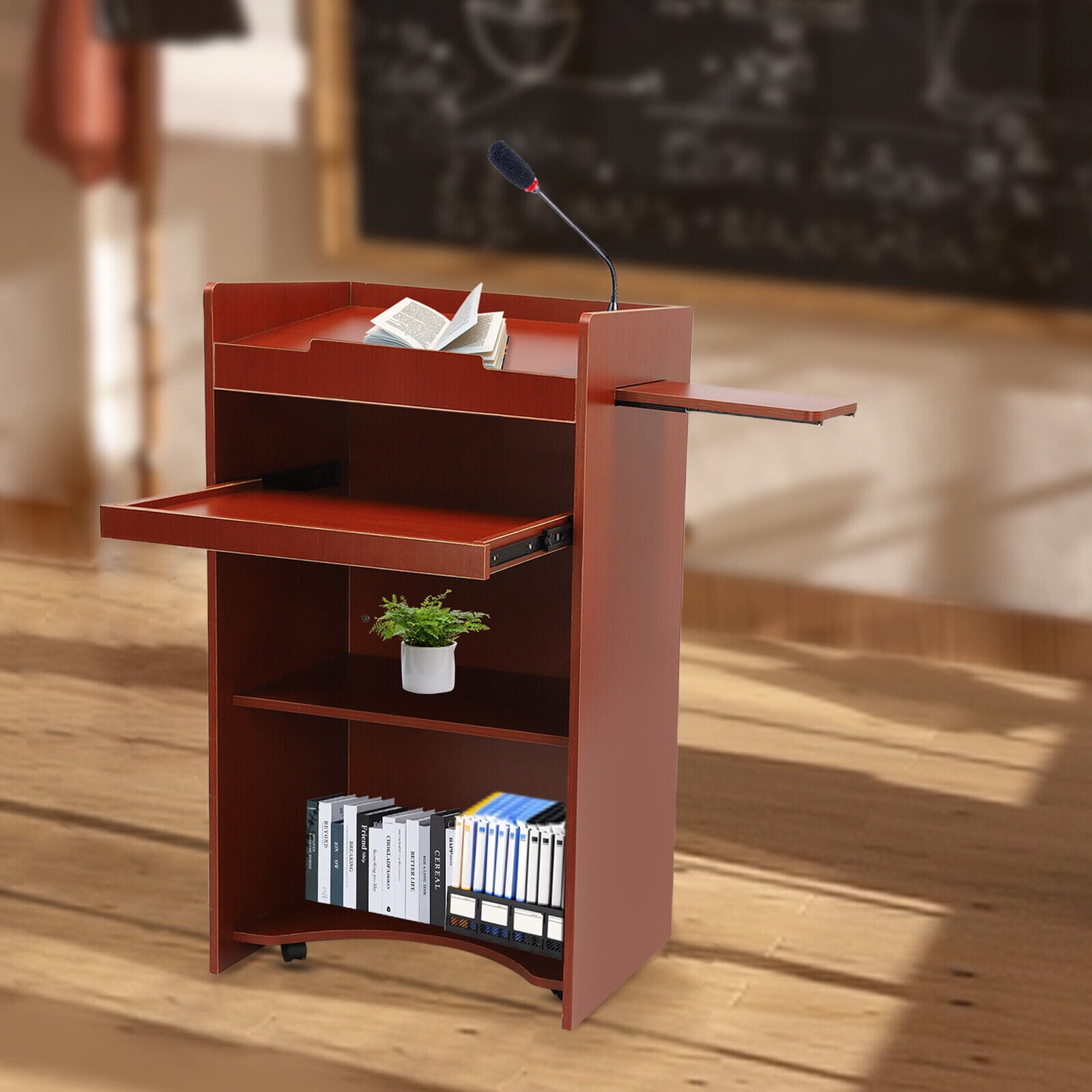 Wooden Podium Stand with Shelf Church Pulpit w/ Rolling Wheels and ...