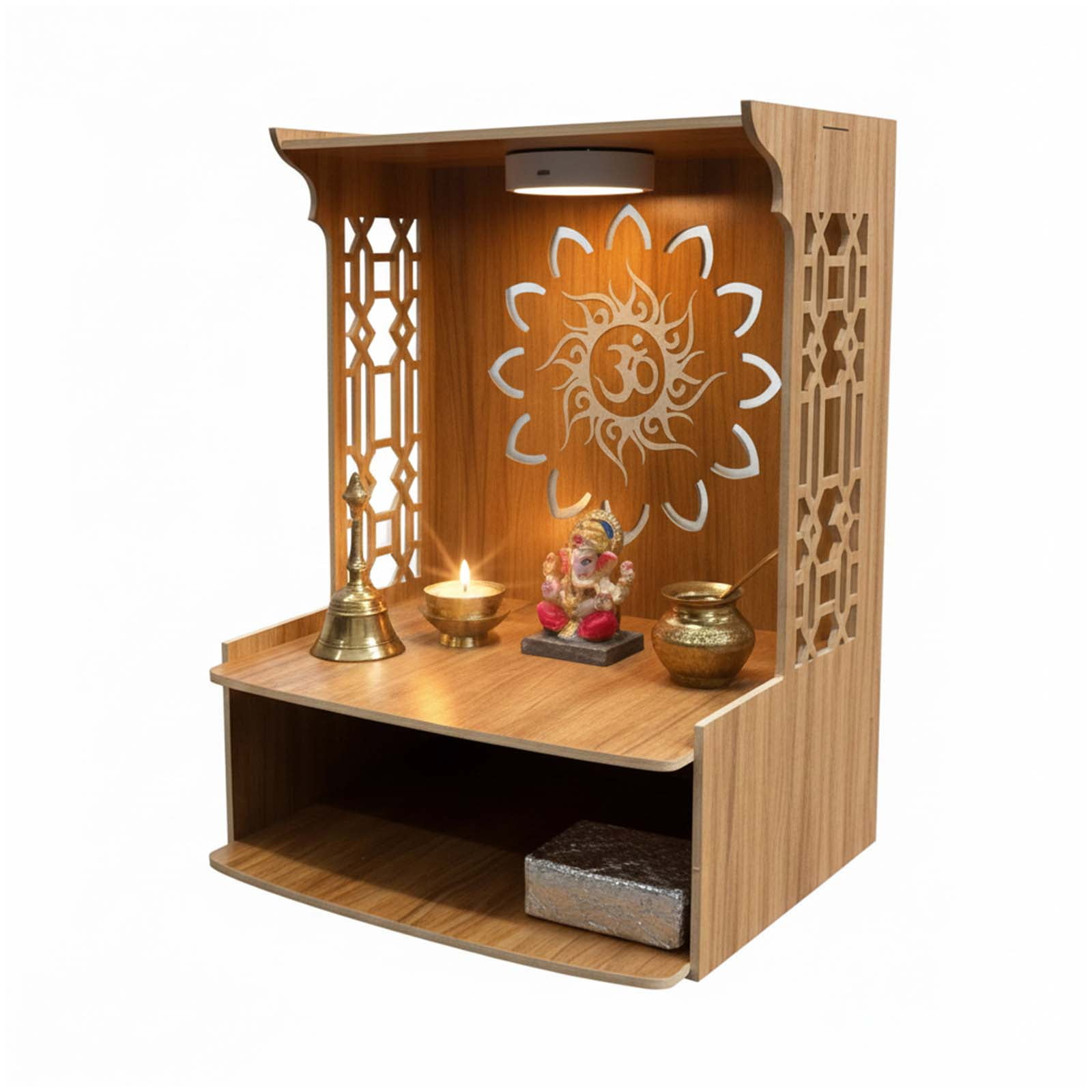 Wooden Pooja Mandir for Home, Tabletop Home Temple with Double Shelves ...