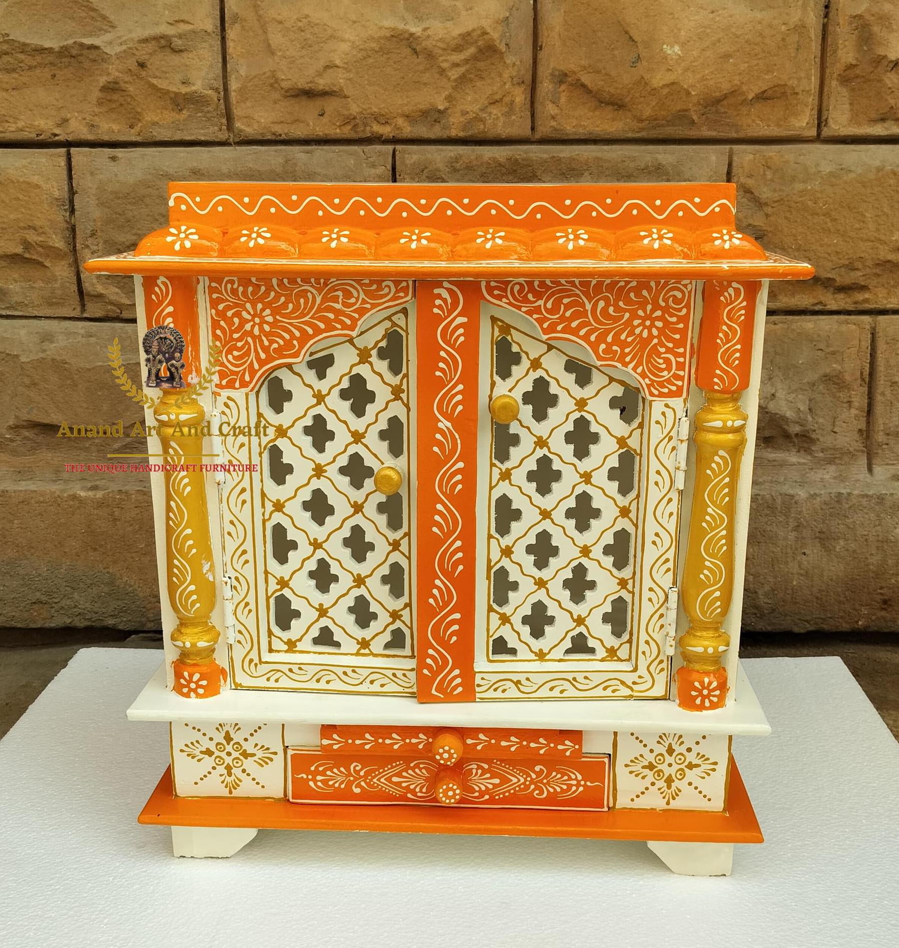 Wooden Pooja Room Temple White+Orange Combo Handcrafted Wall Hanging ...