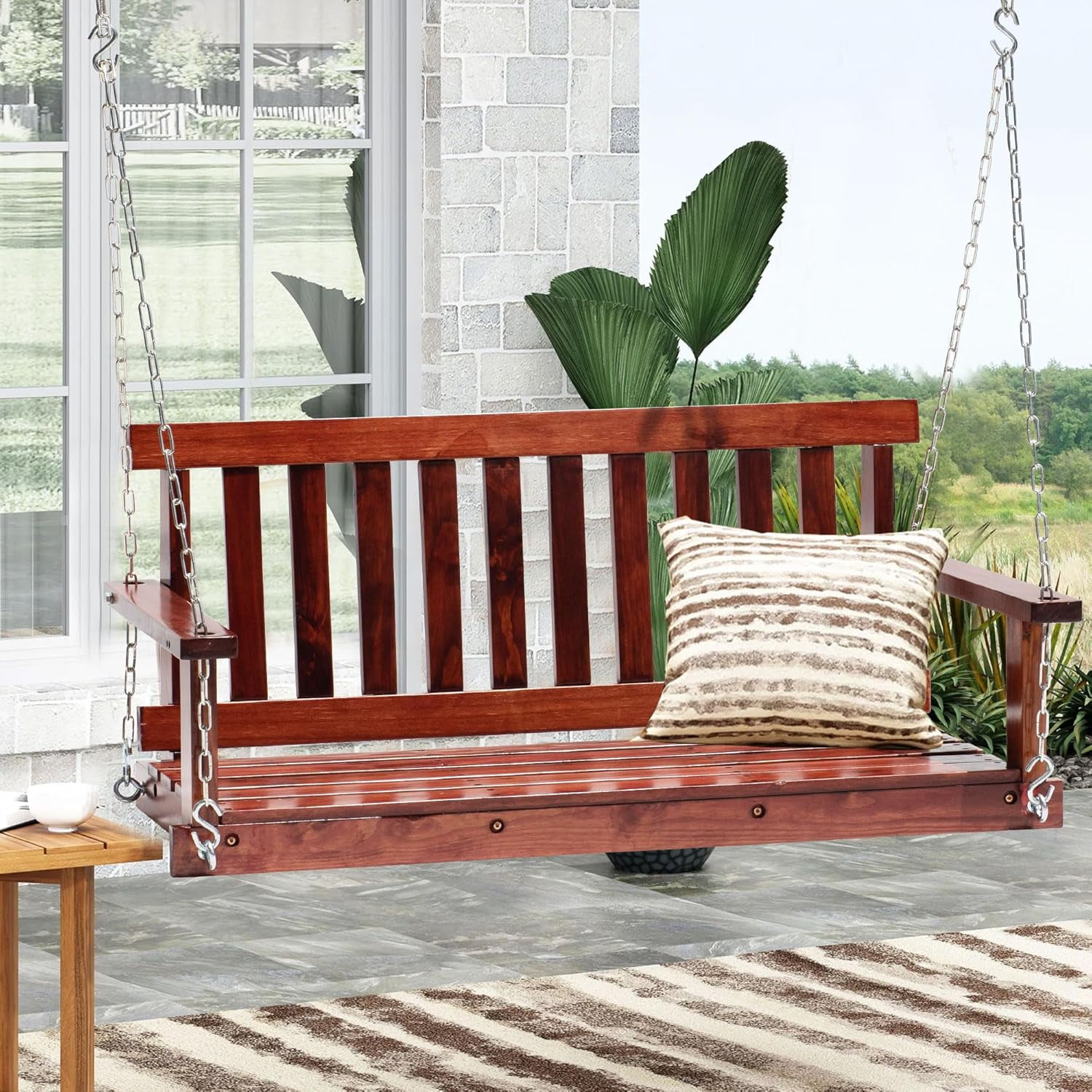 Wooden Porch Swing Chair for 2-Seater, Outdoor Patio Swing with Hanging ...