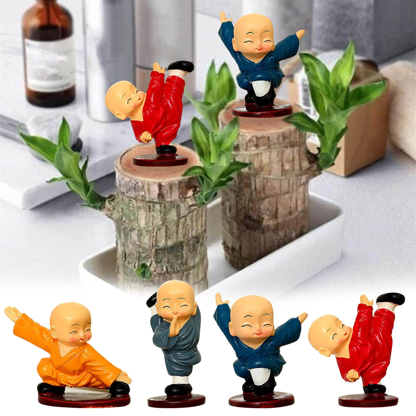 Wooden Potted Plants Home Decoration, Colorful Four Small Monks, Resin ...