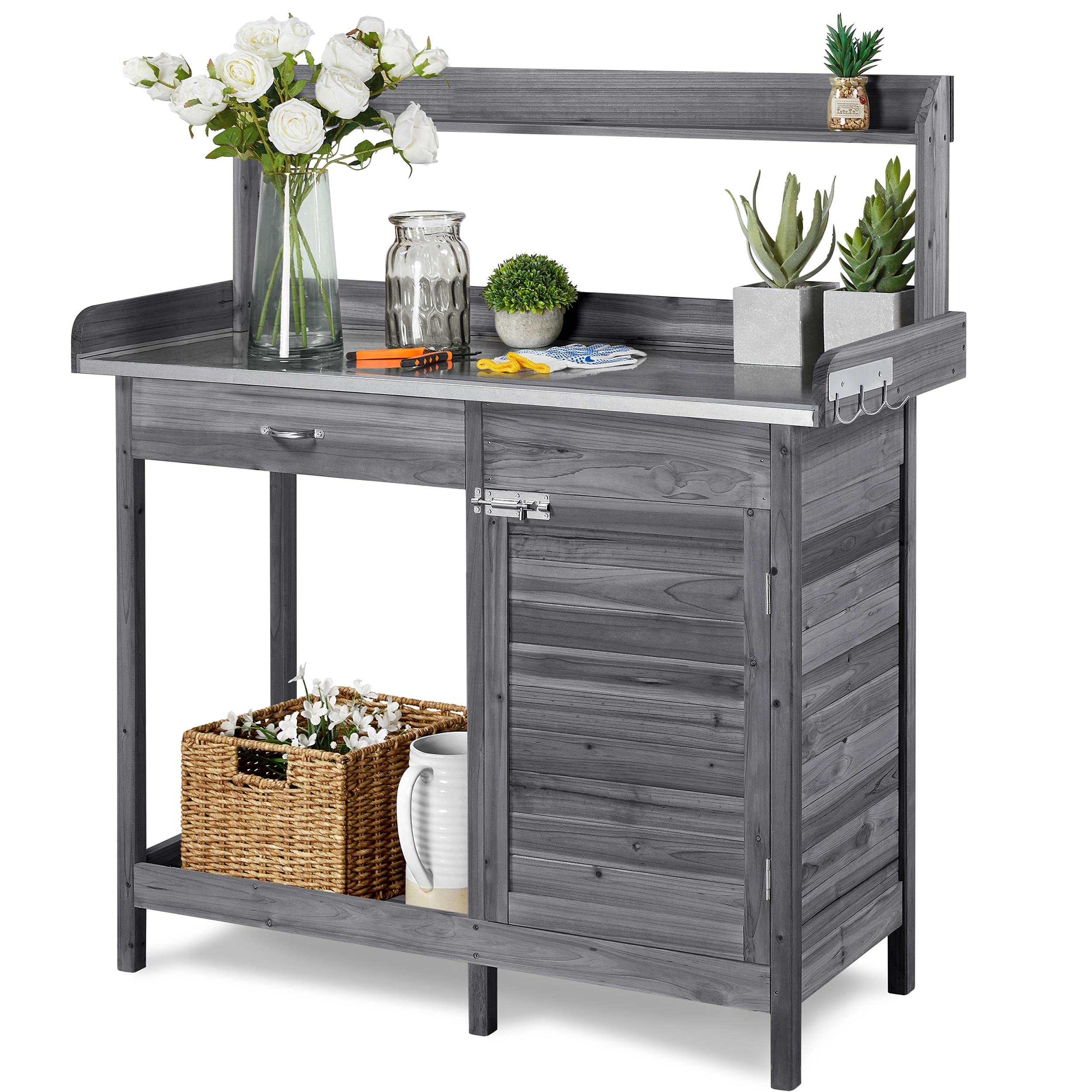Wooden Potting Bench Outdoor Workstation with Top Shelf Bottom Cabinet ...