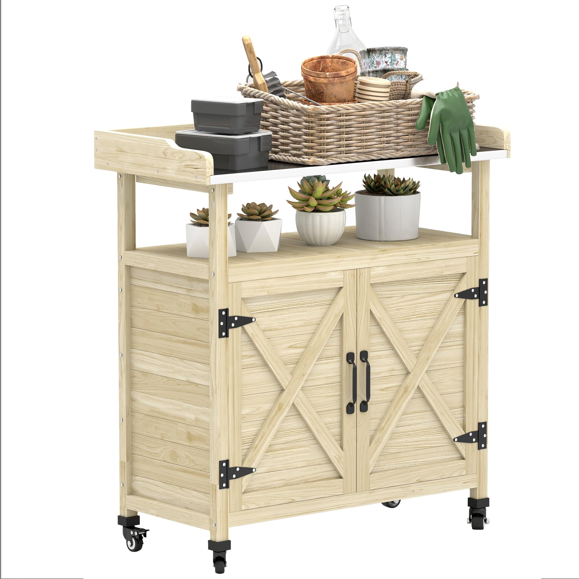 Wooden Potting Bench with Storage Cabinet, Garden Workstation for ...