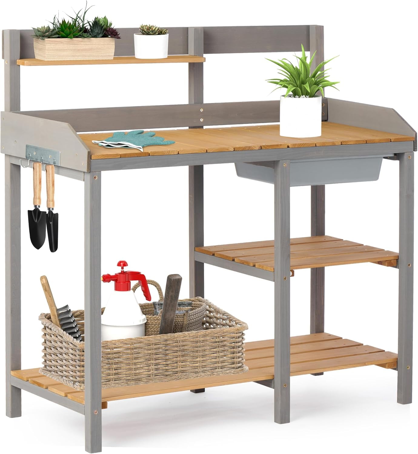 Wooden Potting Bench Table with Sink,Outdoor Garden Table Work Bench ...