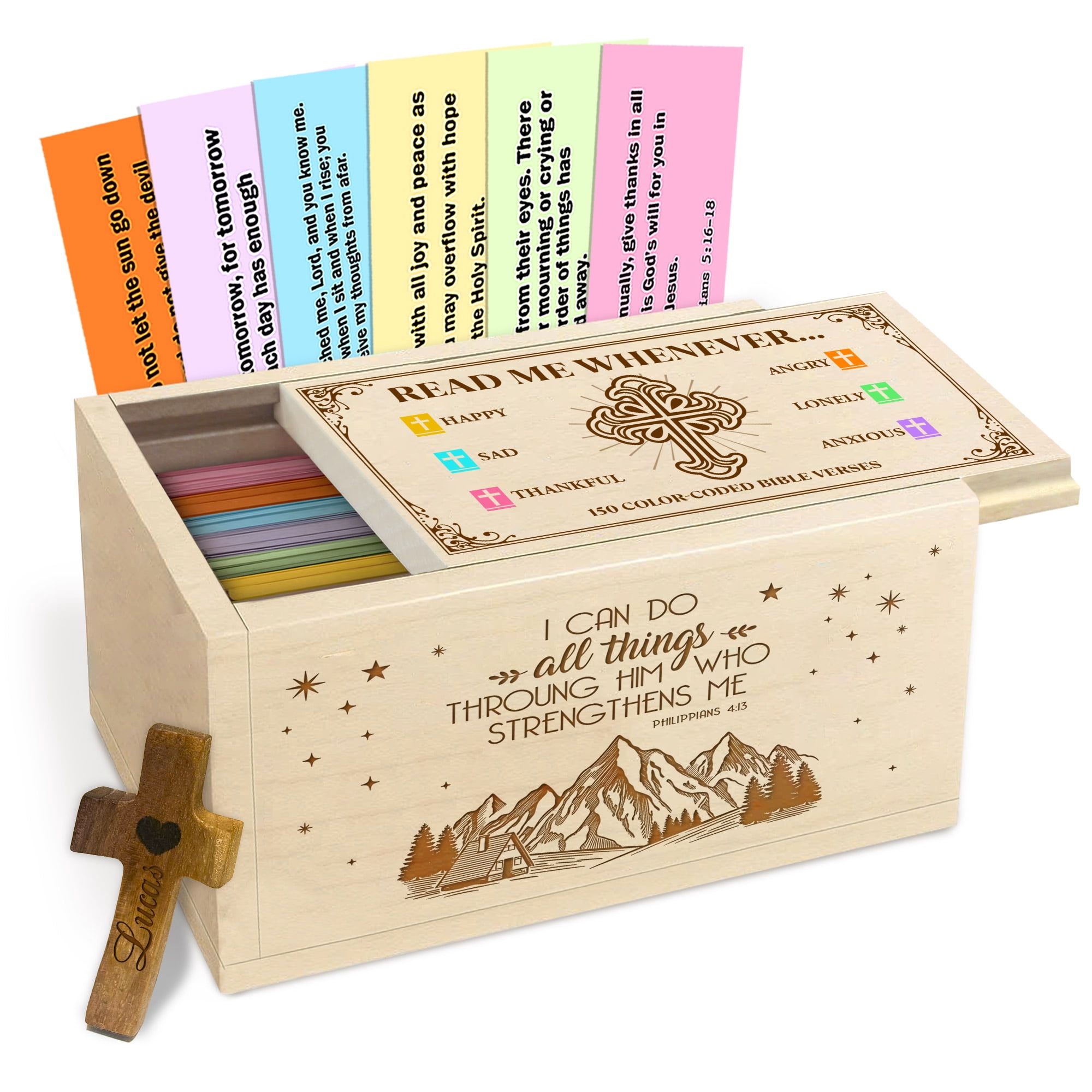 Wooden Prayer Box with Color Scripture Cards, Maple Wood Bible Verse ...
