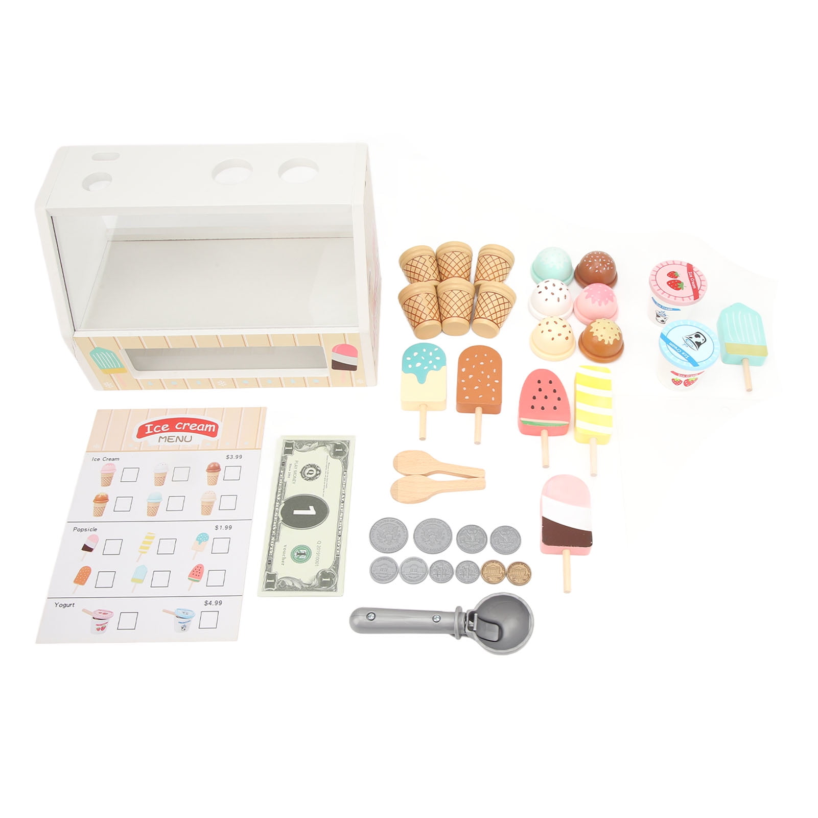 Wooden Pretend Ice Cream Playset Sorting Stacking Game Interactive Ice ...