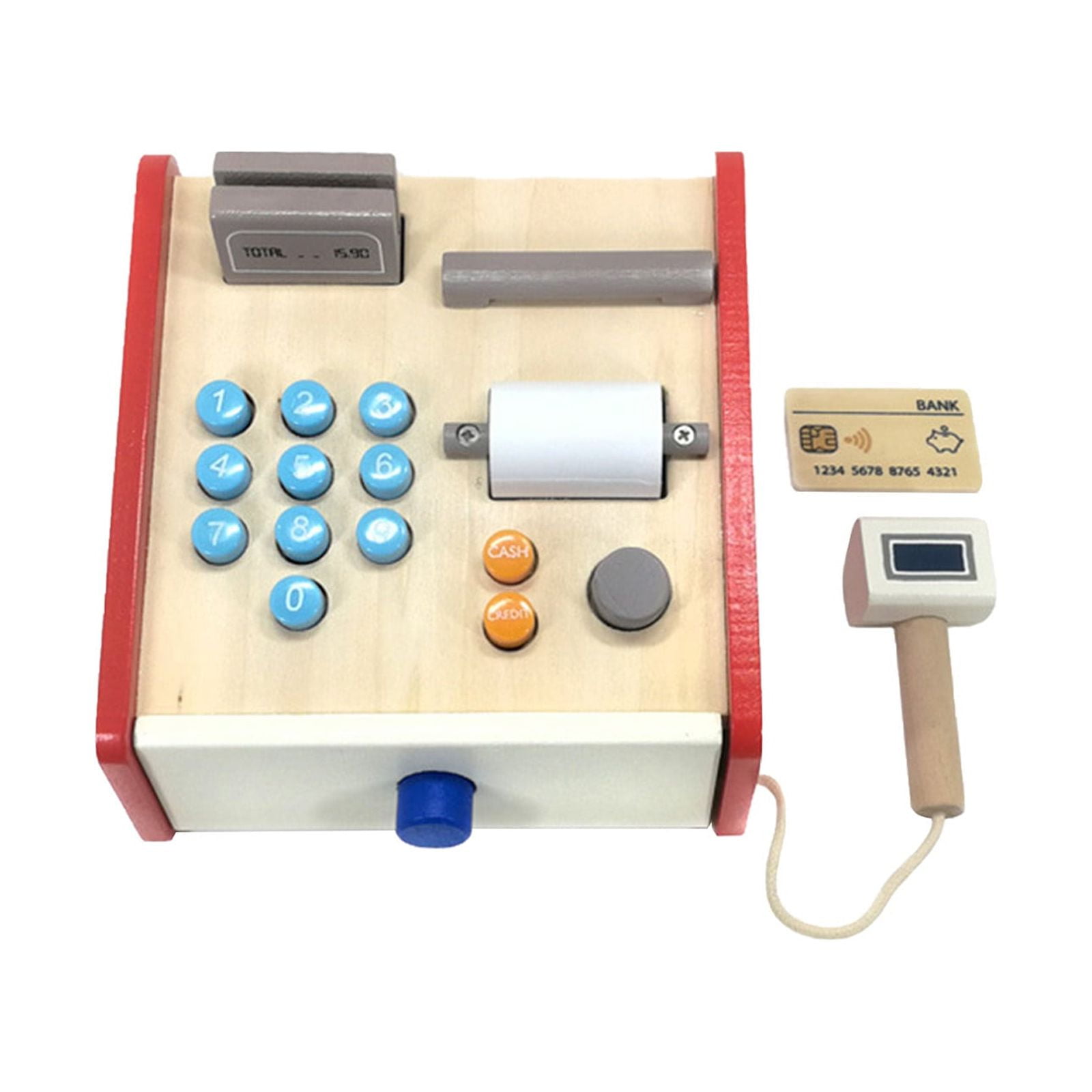Wooden Pretend Play Cash Register Toy With Calculator And Credit Card ...