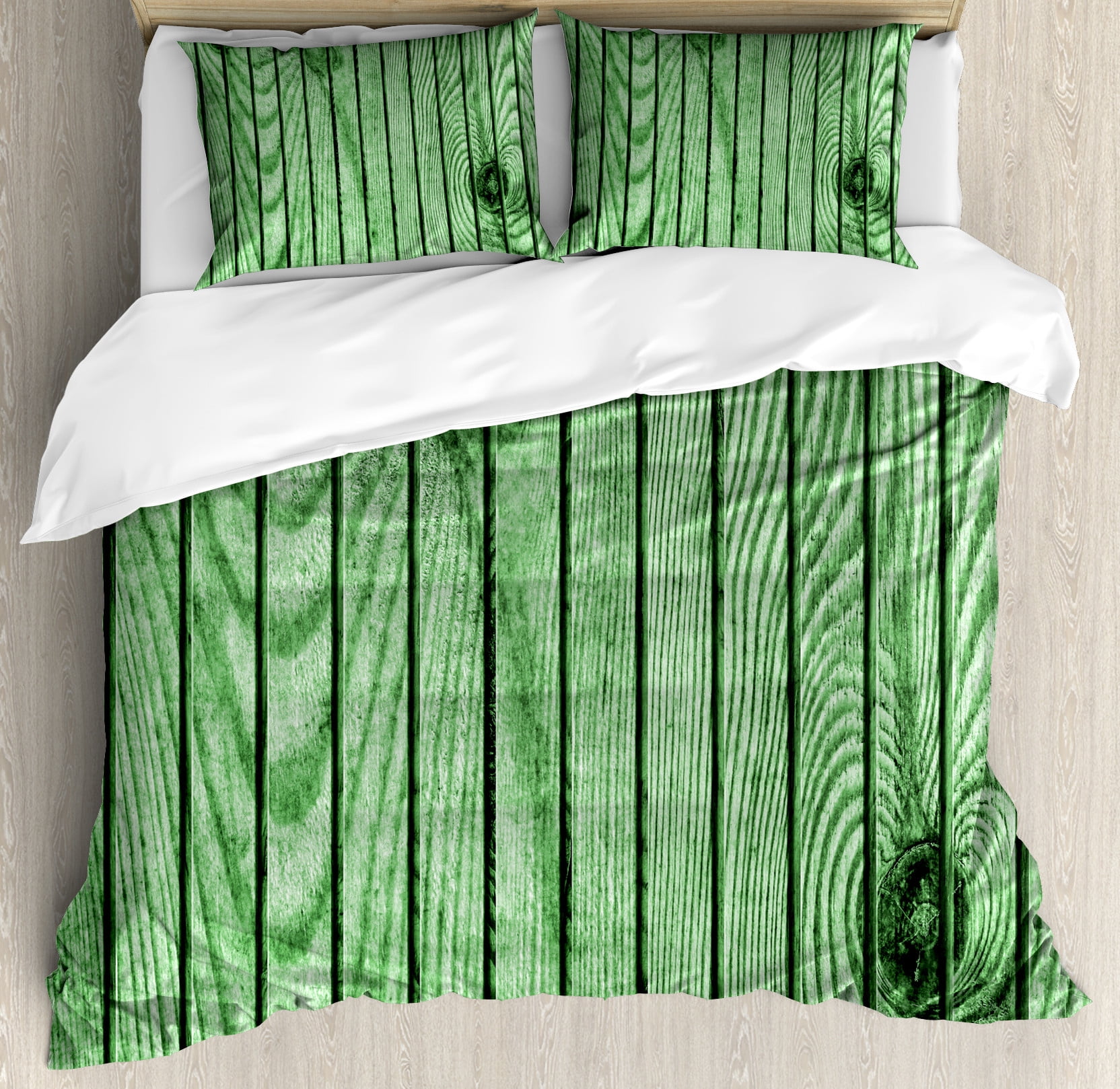 Wooden Print Duvet Cover Set, Cracked Knotted Kelly Green Pine Timber ...