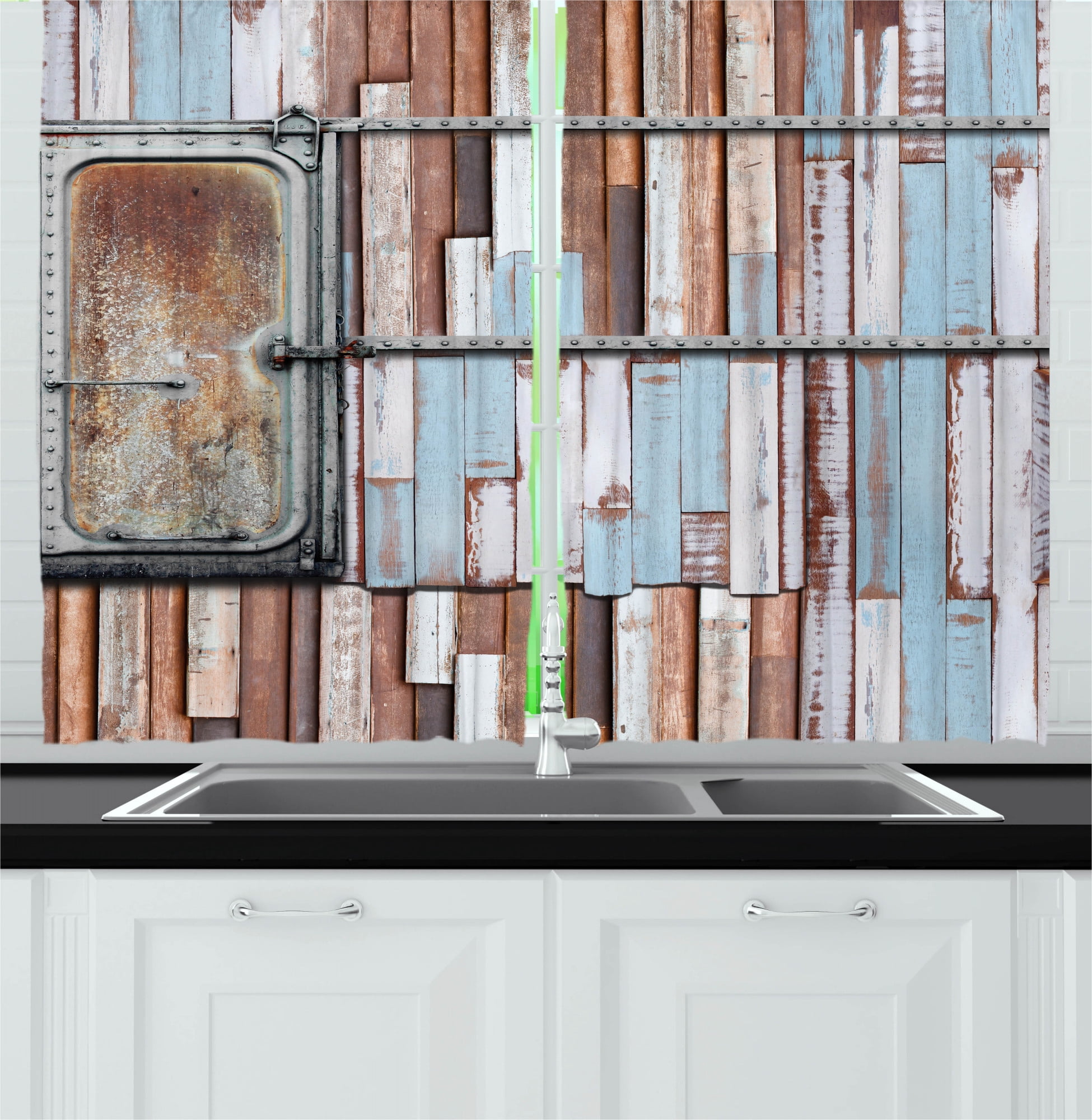 Wooden Print Kitchen Curtains, Rustic Colored Rusty Planks with Old ...