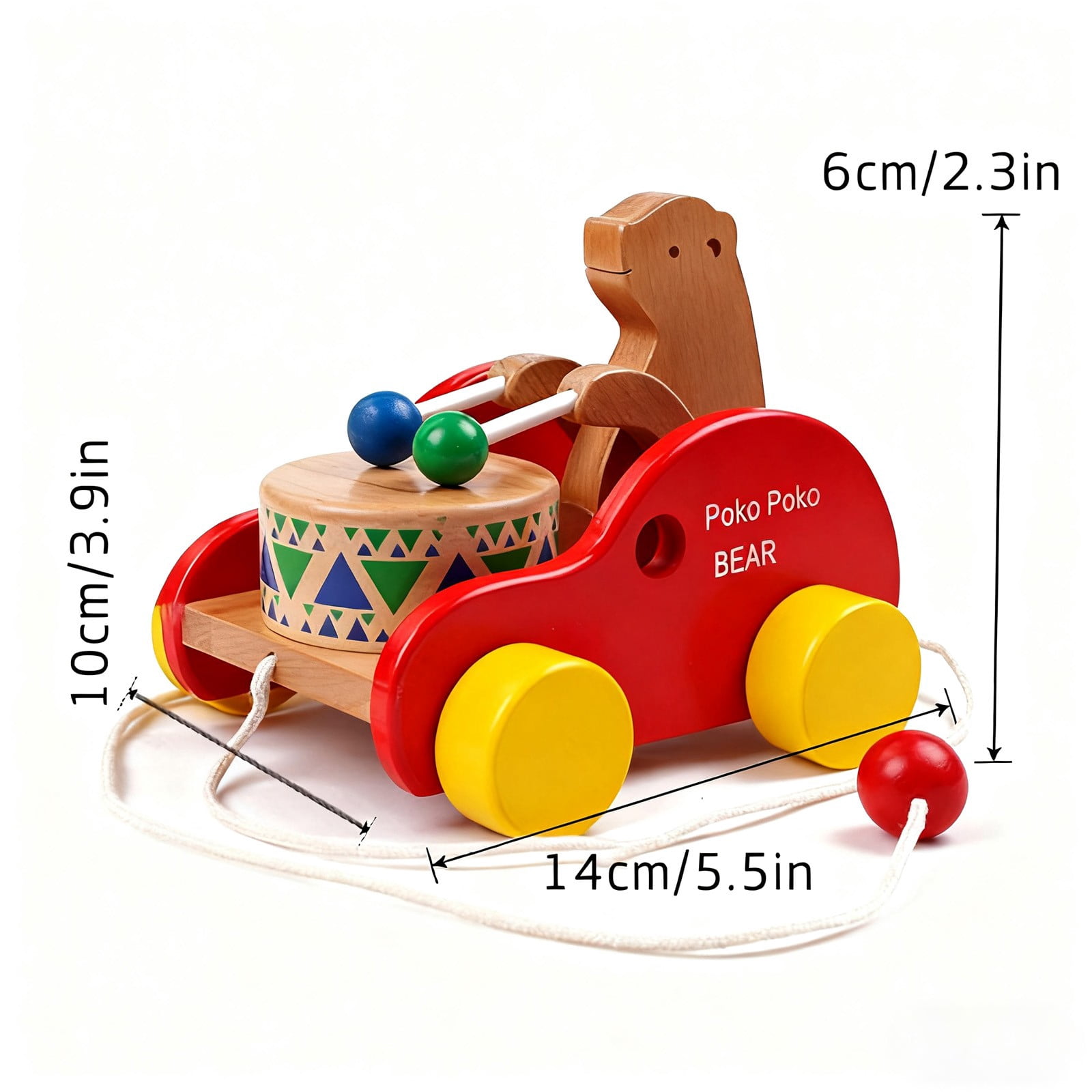 Wooden Pull Along Drumming Bear Toy With Natural Drum Sounds No Battery ...