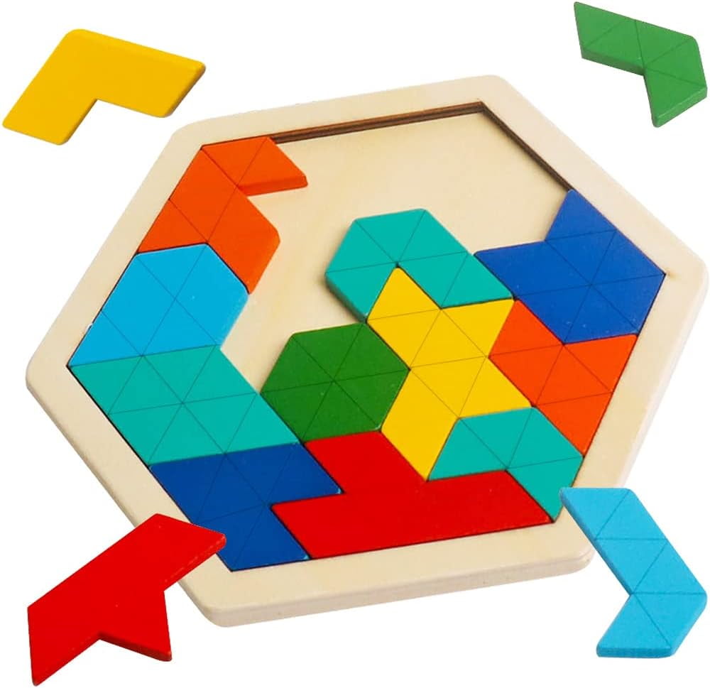 Wooden Puzzle Hexagon Tangram Puzzle for Kids Adults Brain Teasers ...
