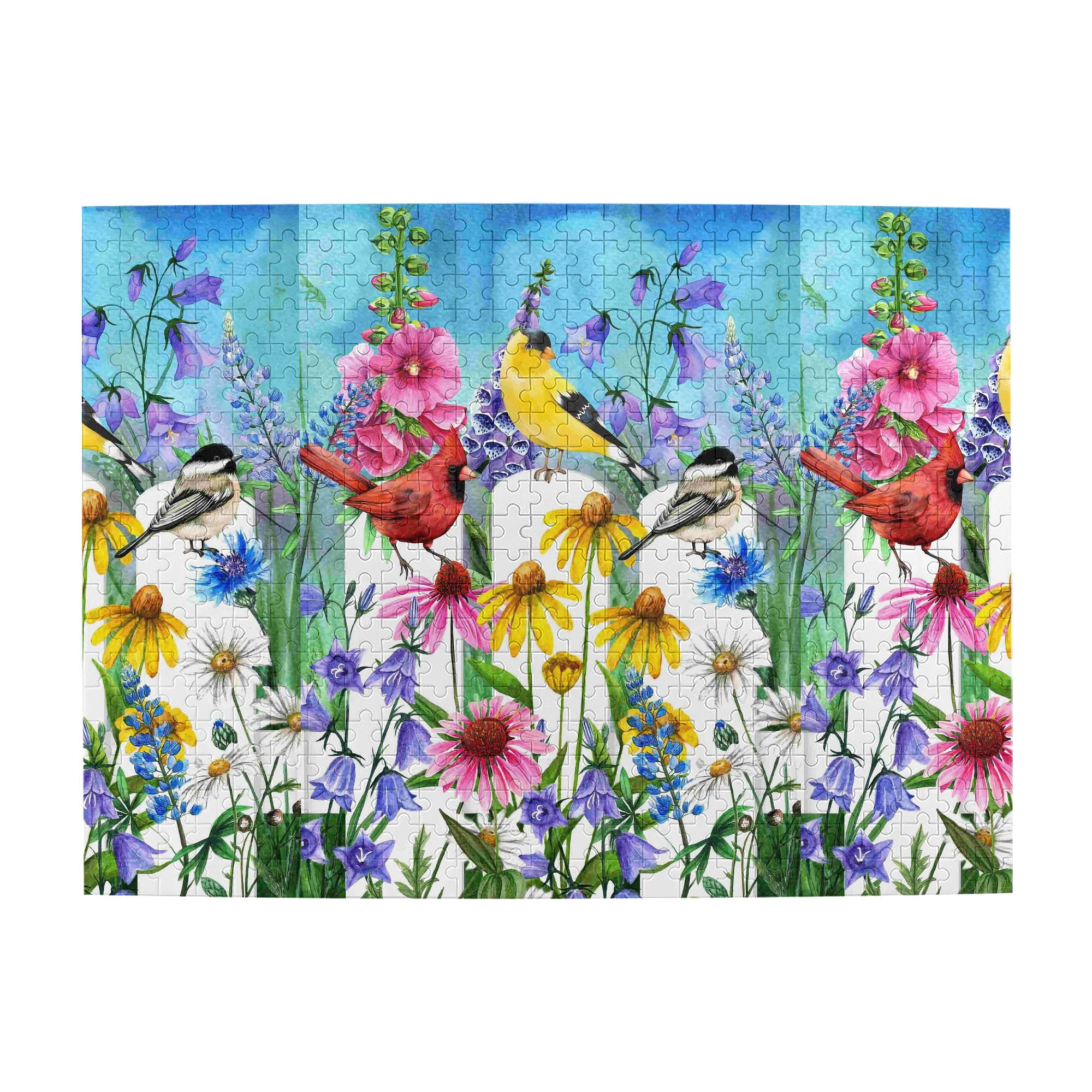 Wooden Puzzle Three Birds on Yellow Pink Purple White Flowers Daisies ...