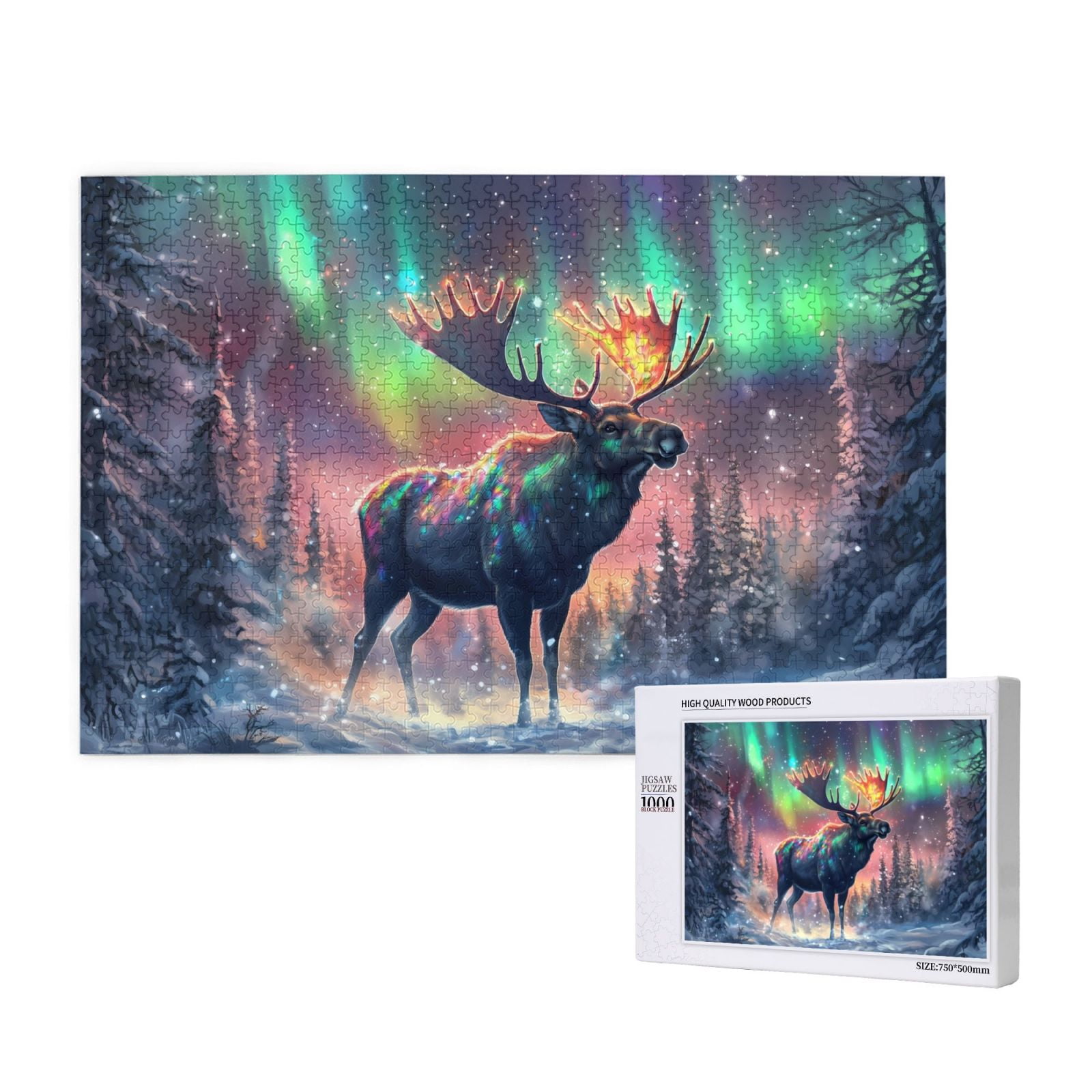 Wooden Puzzles for Adults 1000 Pieces, Aurora Mystical Winter Moose Challenge Jigsaw Puzzles for ...
