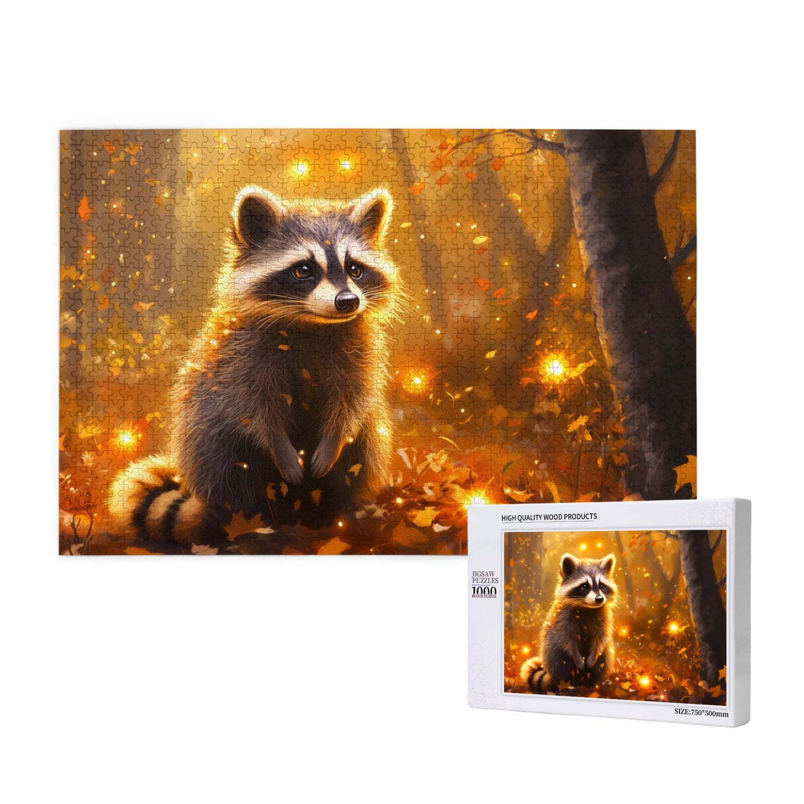 Wooden Puzzles for Adults 1000 Pieces, Fall Raccoon Glowing Leaves ...
