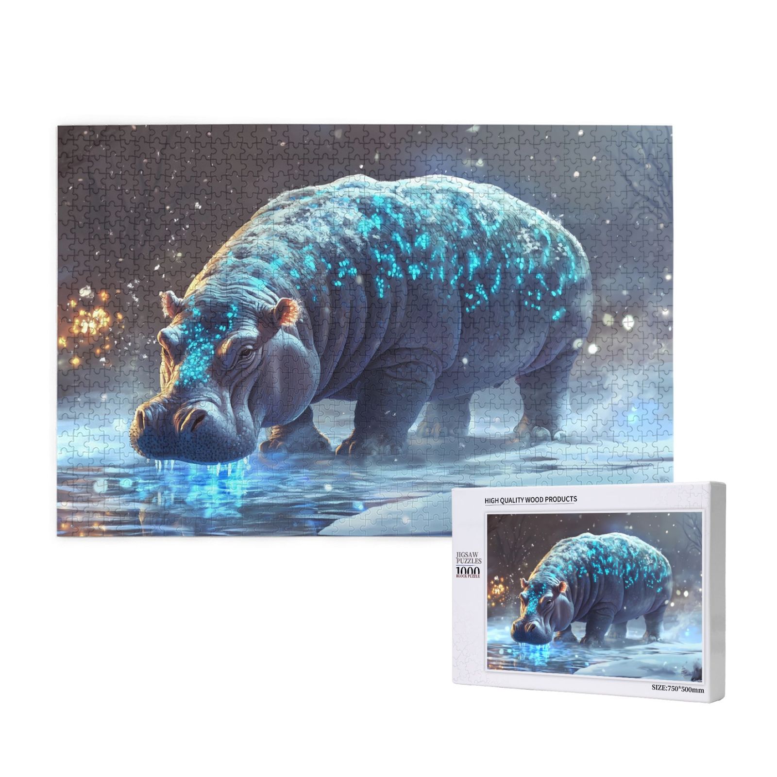 Wooden Puzzles for Adults 1000 Pieces, Ice blue polka dot snow hippo ...