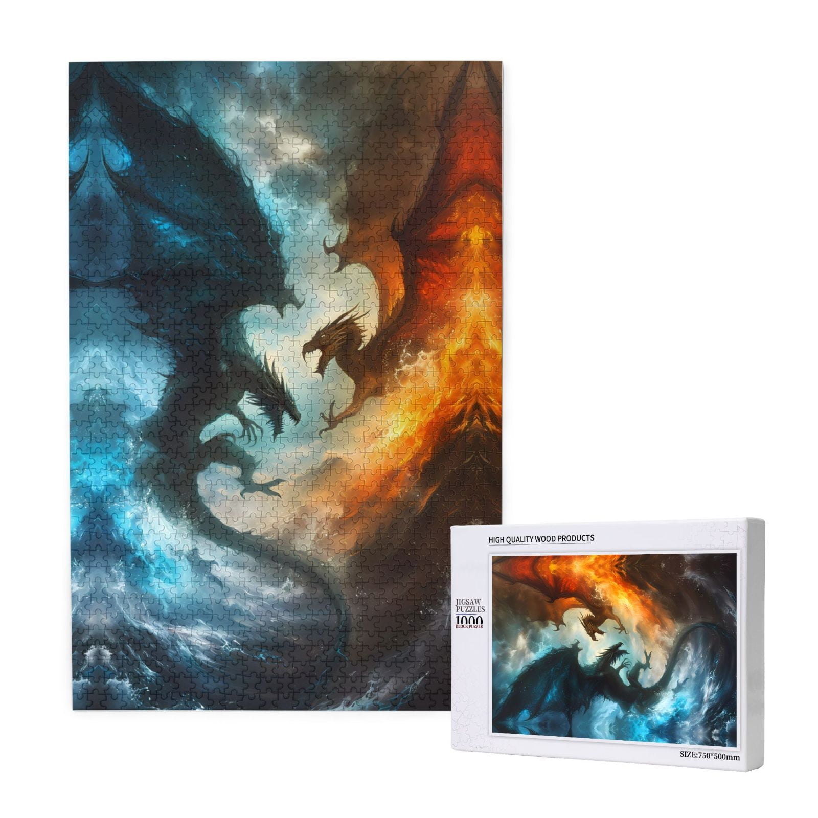 Wooden Puzzles for Adults 1000 Pieces - Red and Blue Flame Wave Dragon ...