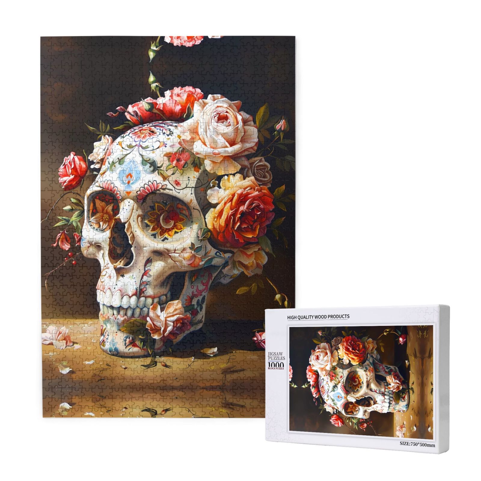Wooden Puzzles for Adults 1000 Pieces - Rose Floral Skull Challenge ...