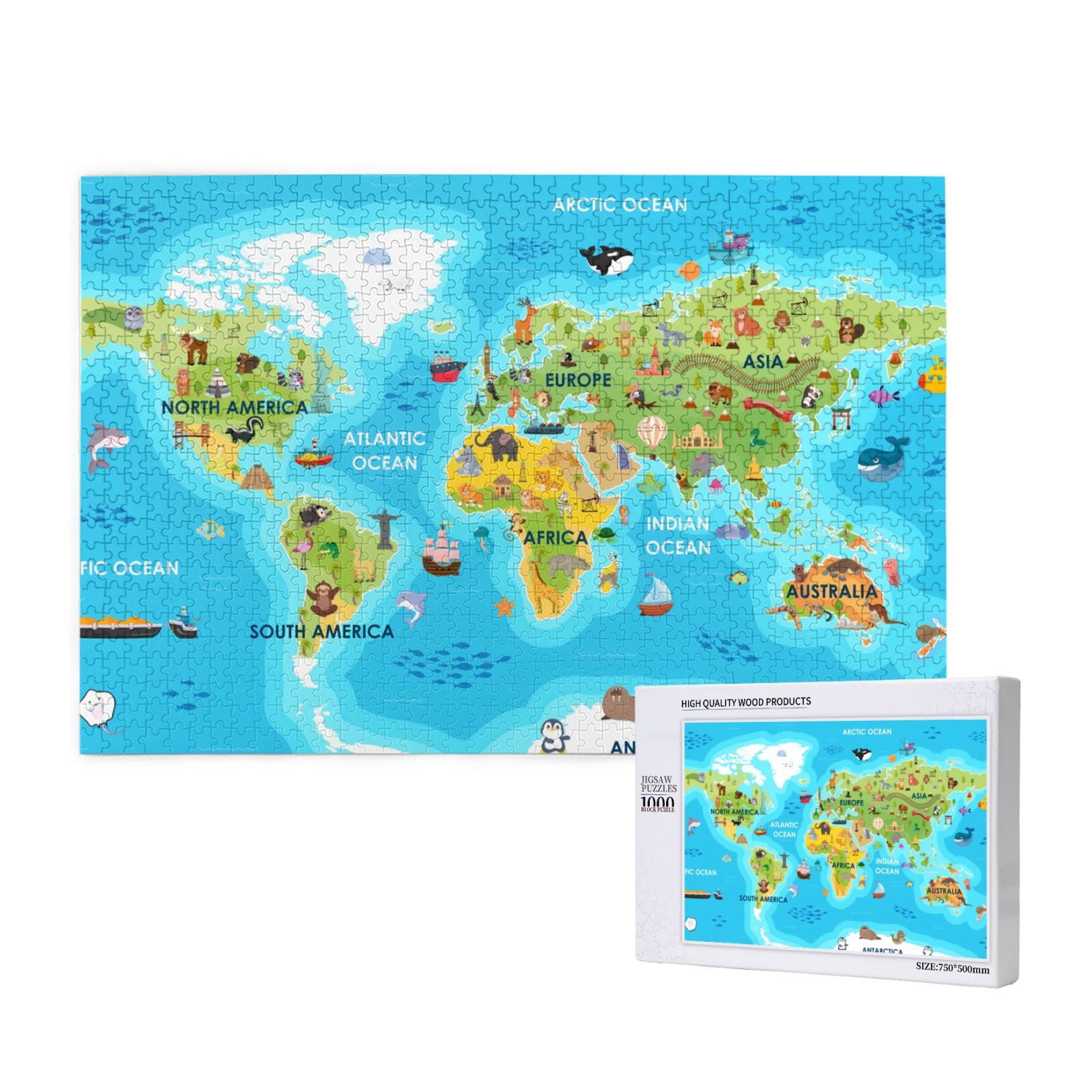 Wooden Puzzles for Adults 1000 Pieces, World Map With Animals Landmarks ...