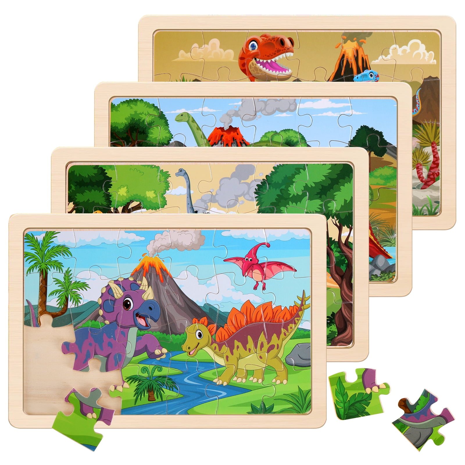 Wooden Puzzles Dinosaur Toys for Kids Ages 3-5, Set of 4 Packs with 20 ...