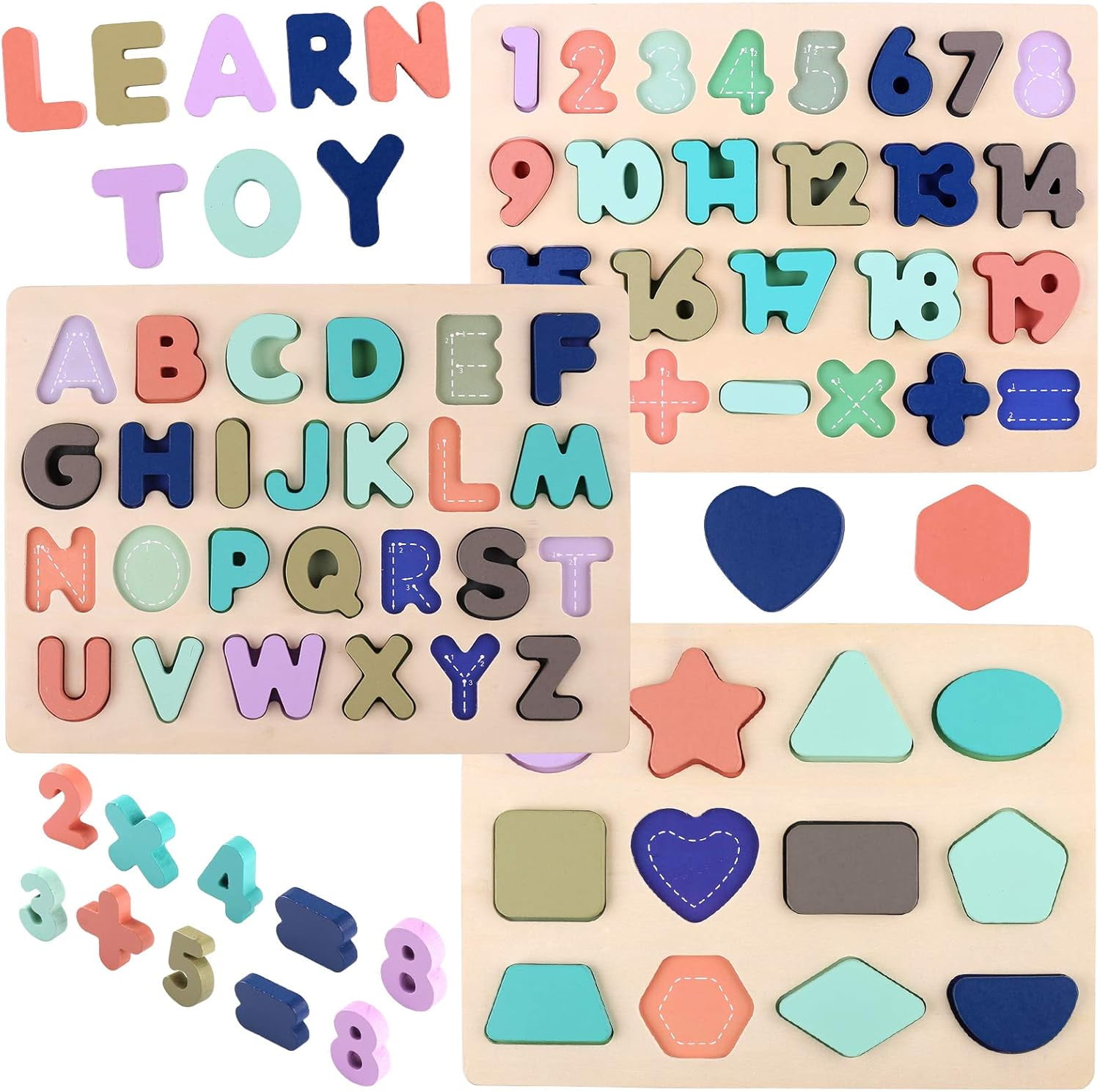 Wooden Puzzles for Toddlers, Alphabet Number Shape Learning Puzzle for ...