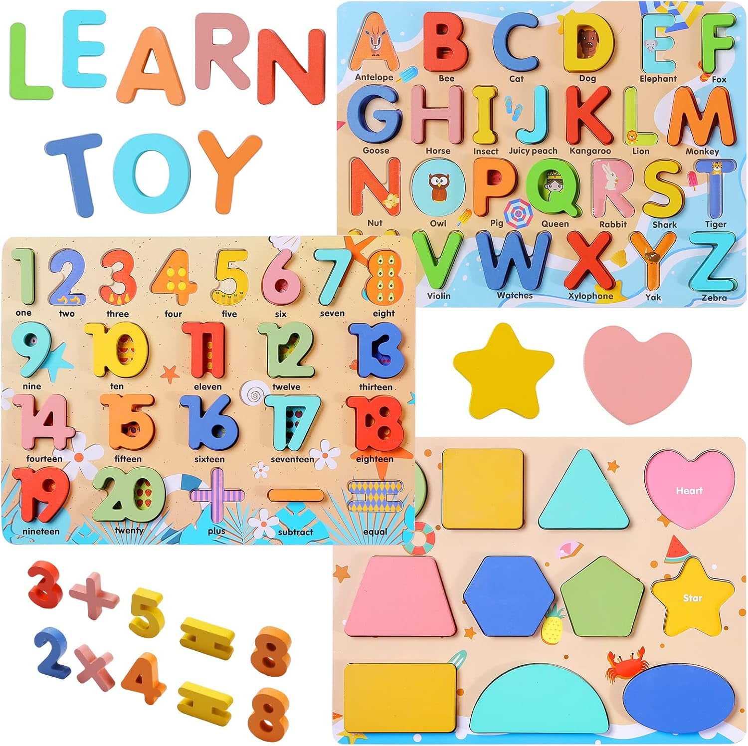 Wooden Puzzles for Toddlers, Alphabet Number Shape Learning Puzzle for ...