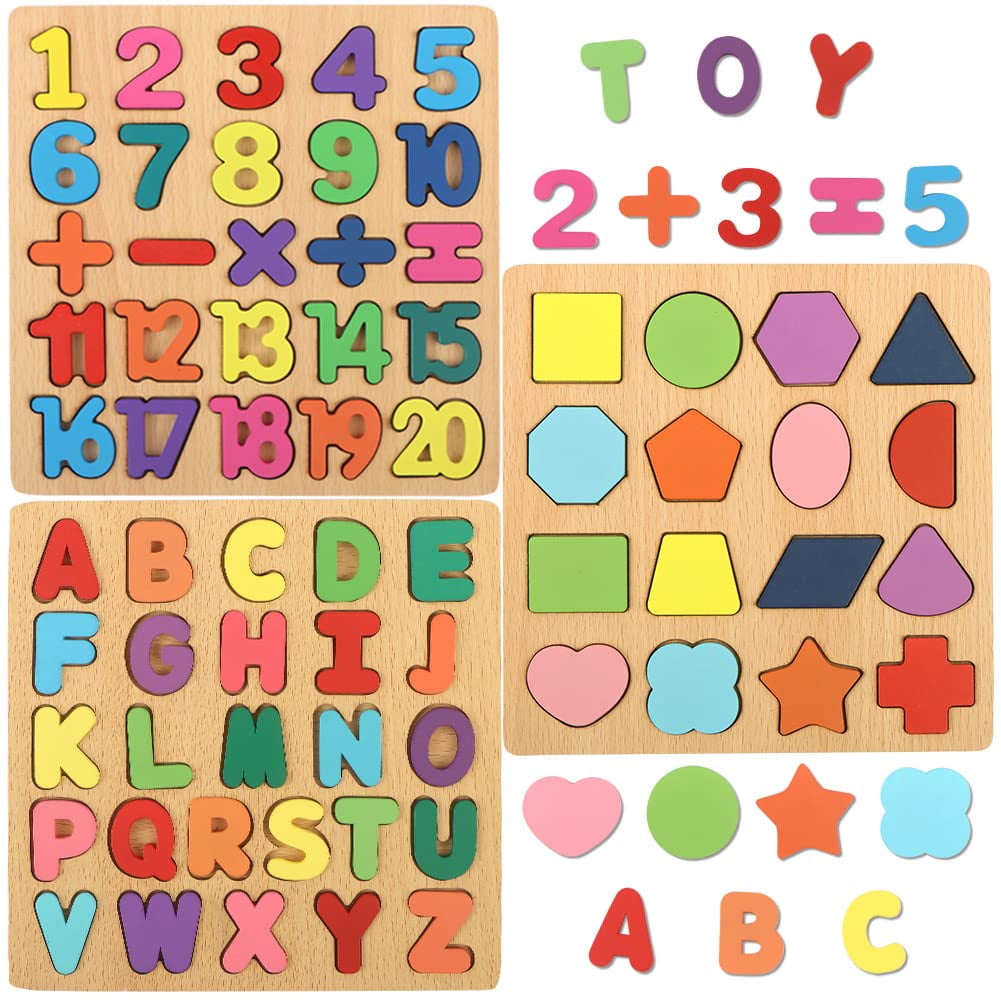 Wooden Puzzles for Toddlers, Wooden Alphabet Number Shape ABC Name ...