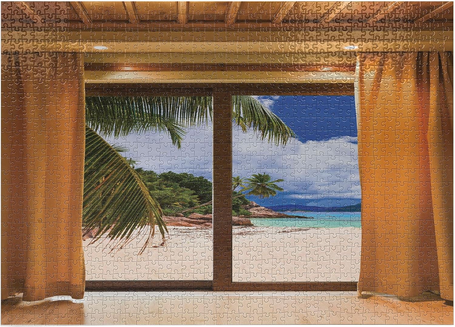 Wooden Puzzles Tropical Exotic Seashore View from Window with Curtains ...
