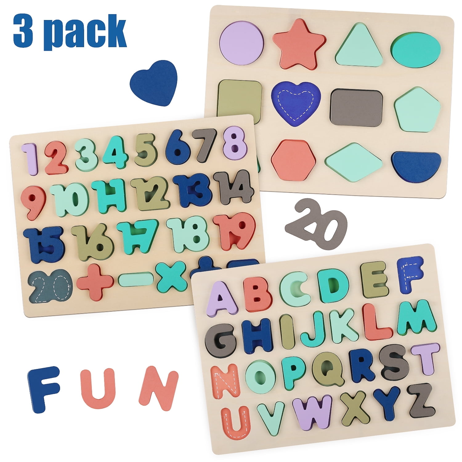 LENNYSTONE Wooden Alphabet Number Shape Puzzles Learning Toy for ...