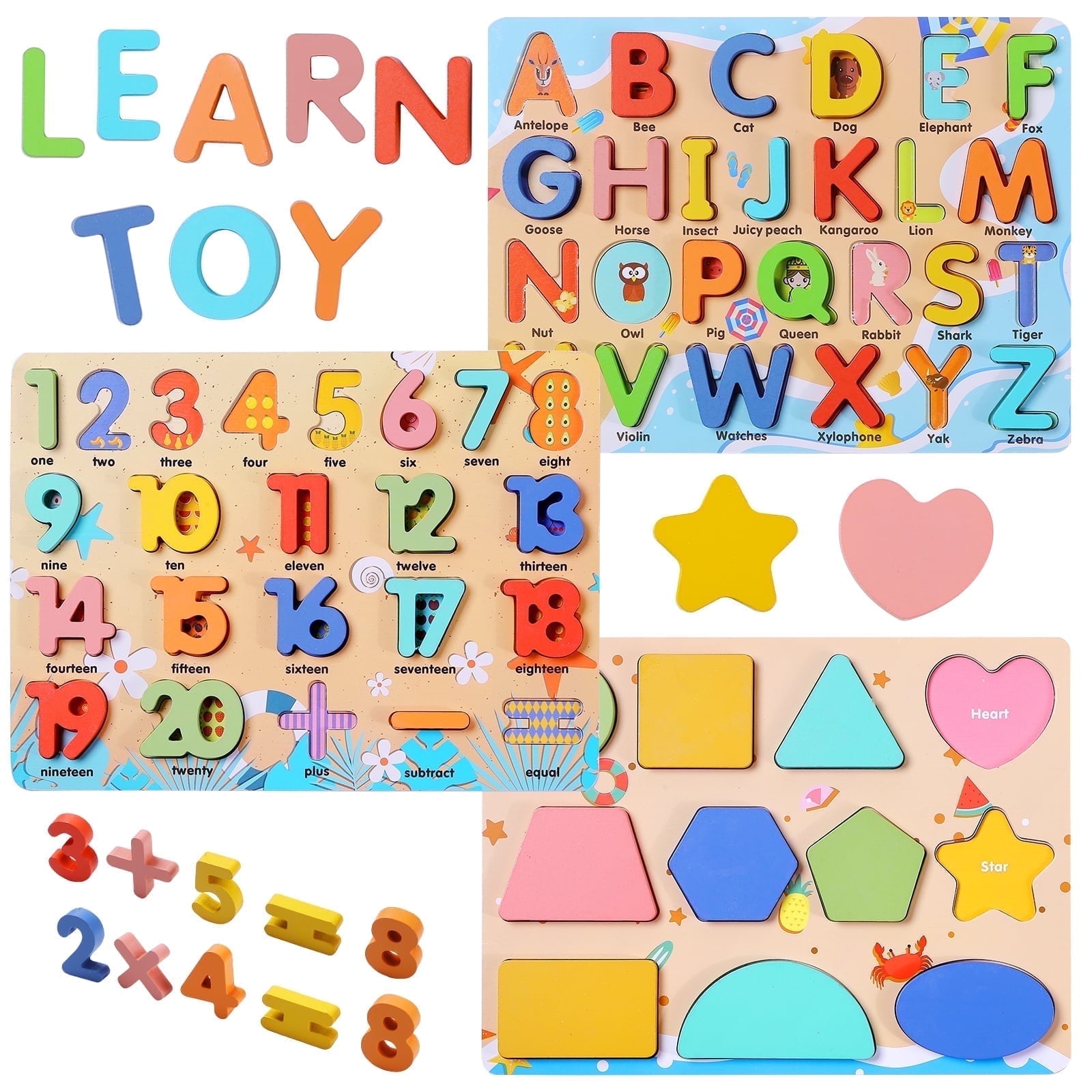 LENNYSTONE Wooden Puzzles for Toddlers, Alphabet Number Shape Puzzle ...
