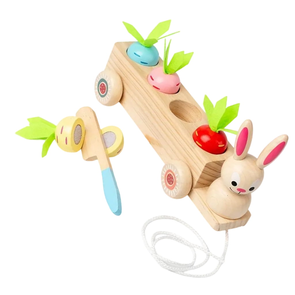Wooden Rabbit Cart And Carrot Pulling Toy For Kids' Fine Motor Skills ...