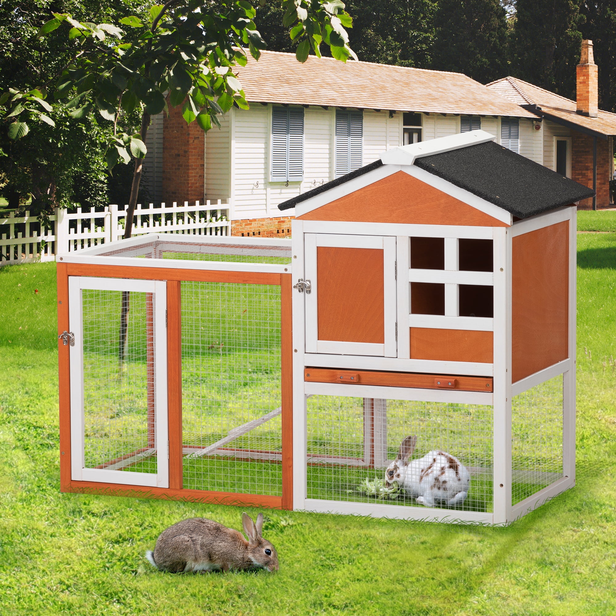 Wooden Rabbit Hutch Cage, Chicken Coop Pet House with Asphalt Roofs ...