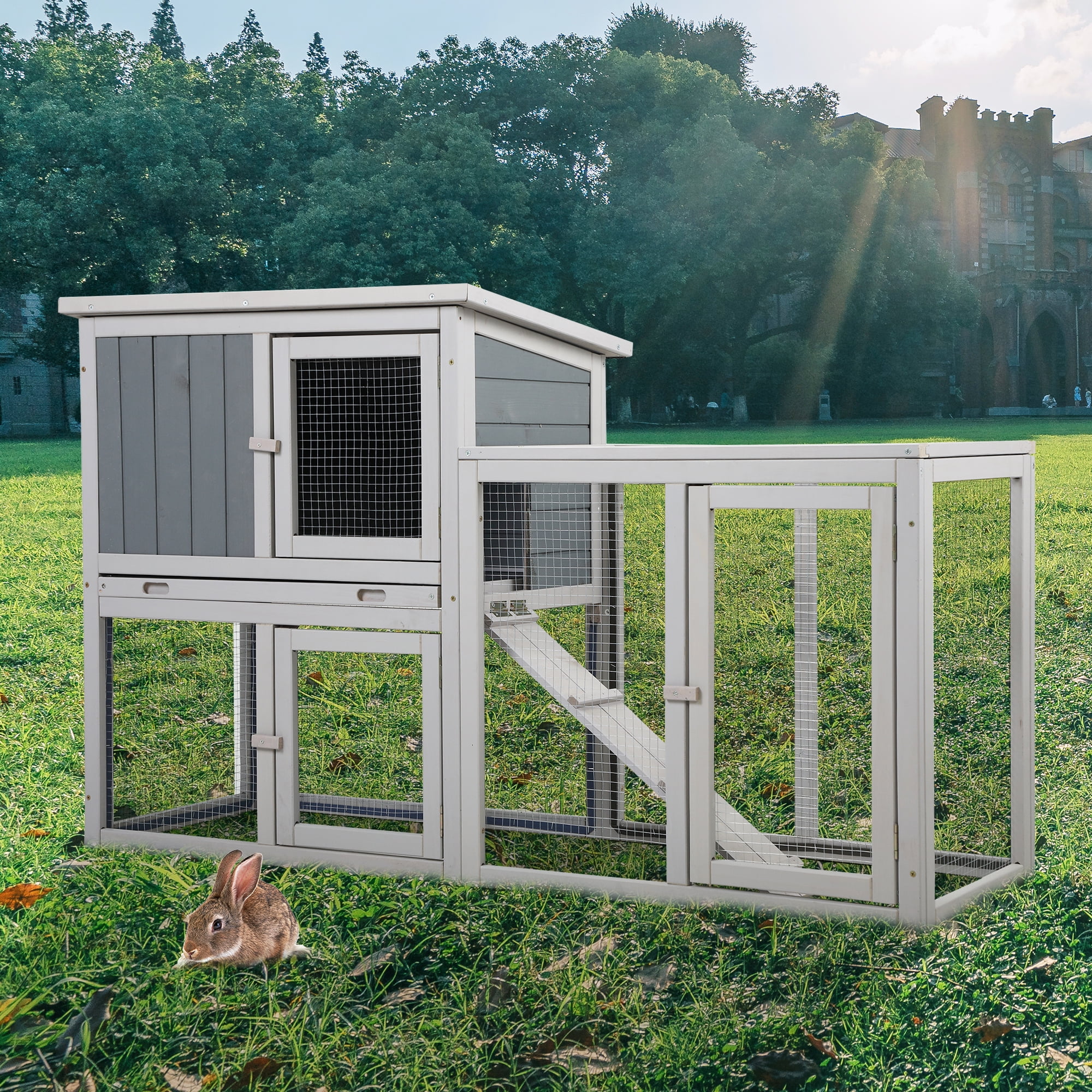 Wooden Rabbit Hutch Chicken Coop Indoor/Outdoor, Removable Tray, 3 ...