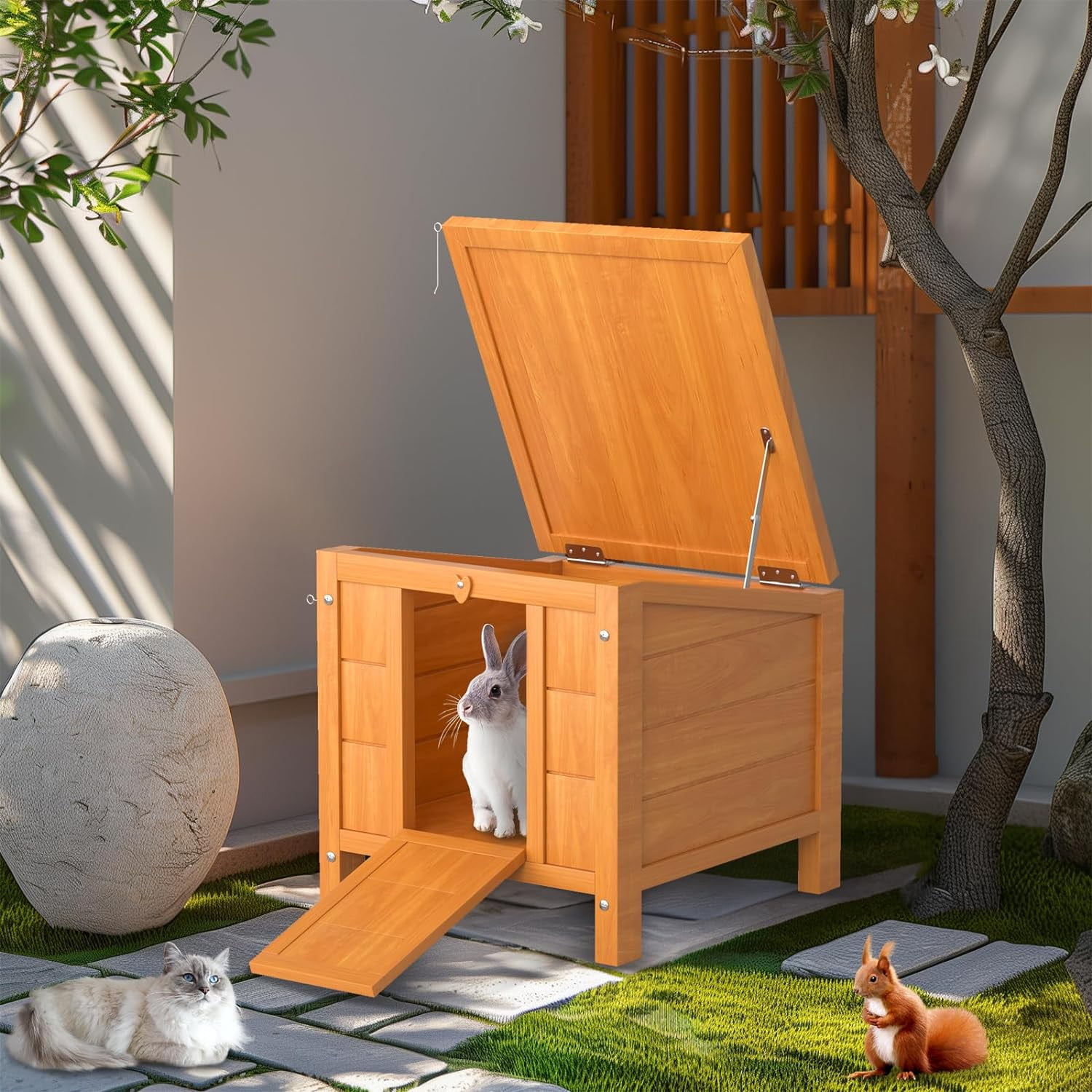 Wooden Rabbit Hutch Indoor and Outdoor, Weatherproof Cat House Hideout ...