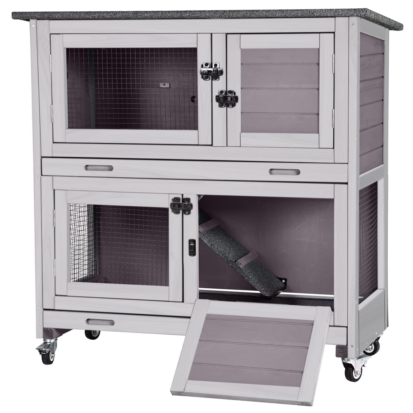 Wooden Rabbit Hutch with 2 Deep Trays 4 Wheels Indoor Bunny Cage for ...