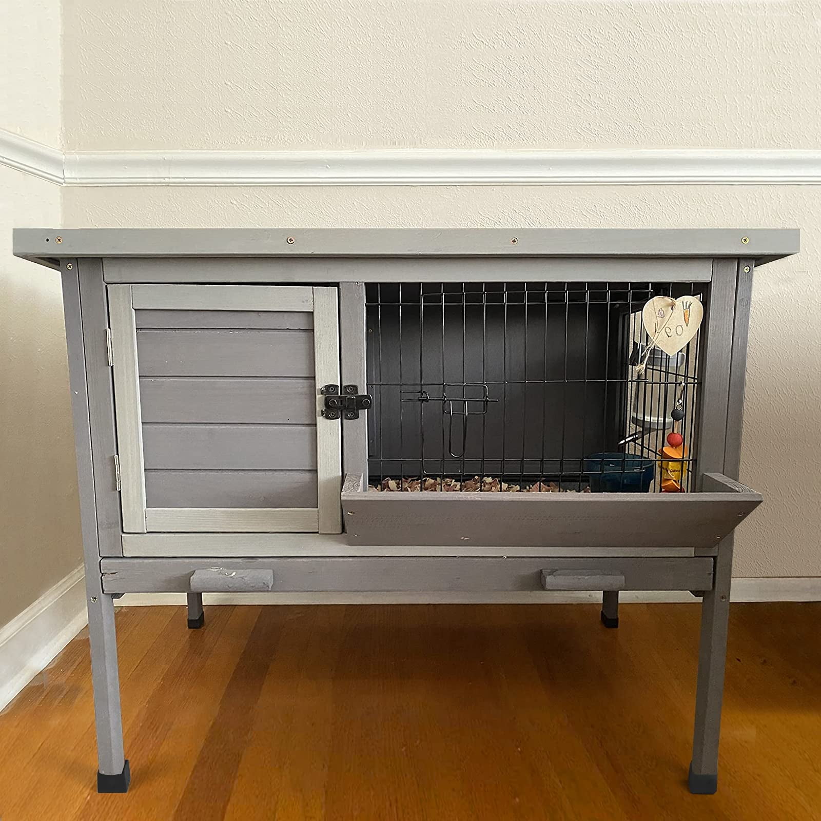 Wooden Rabbit Hutch with Open Roof, Two Front Doors and Metal Wire Pan ...
