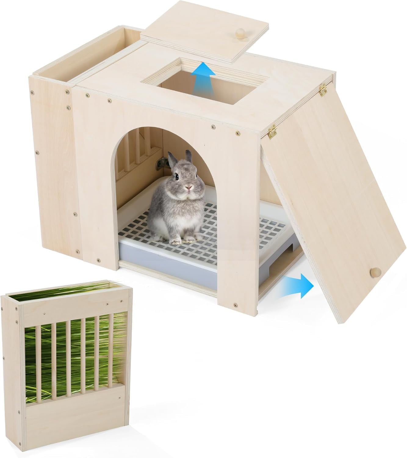 Wooden Rabbit Litter Box with Hay Feeder, Large 2-in-1 Rabbit Hay ...
