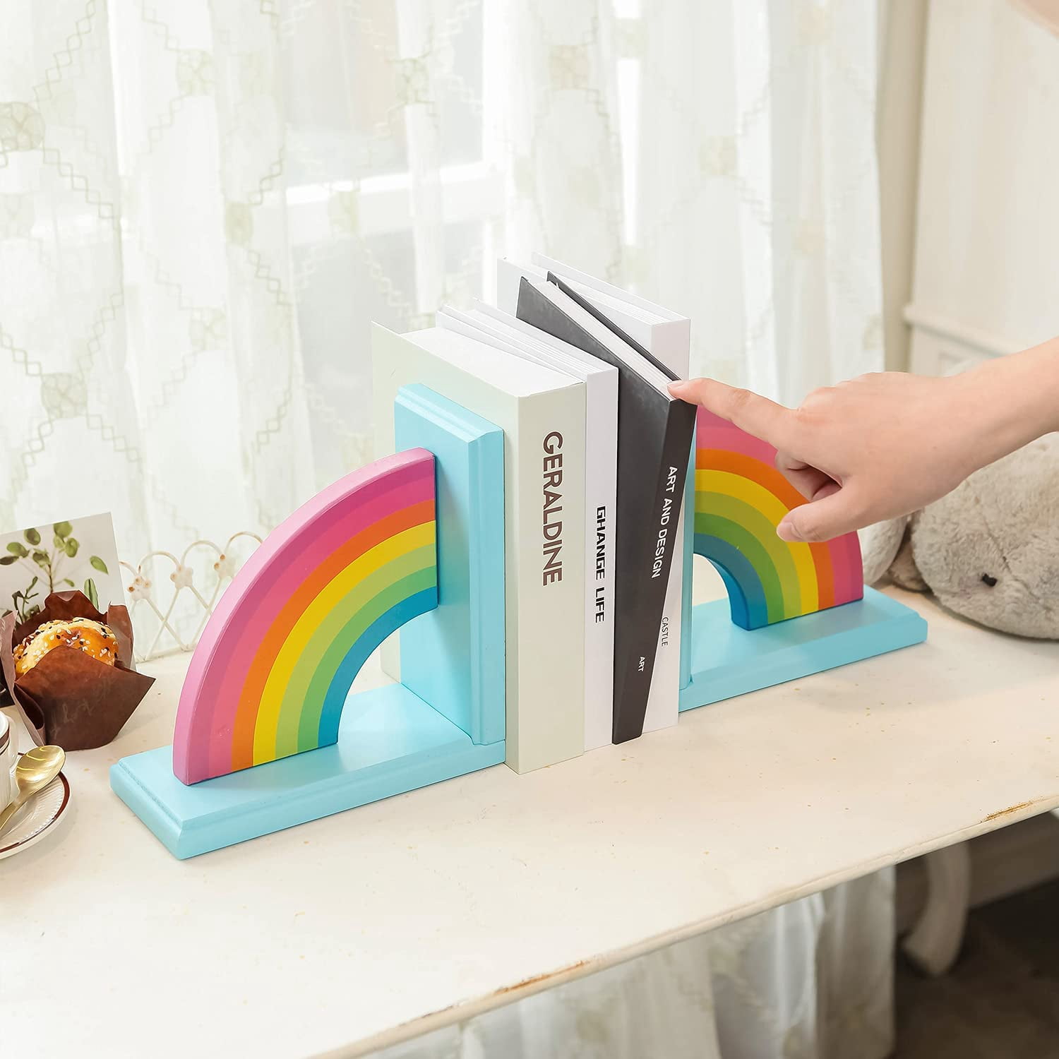 Wooden Rainbow Book Ends Non-Skid Cute Bookends Book Stoppers for Girls ...