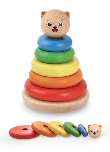 Wooden Rainbow Stacking Rings For Toddlers - Ring Stacker Baby Toy With ...