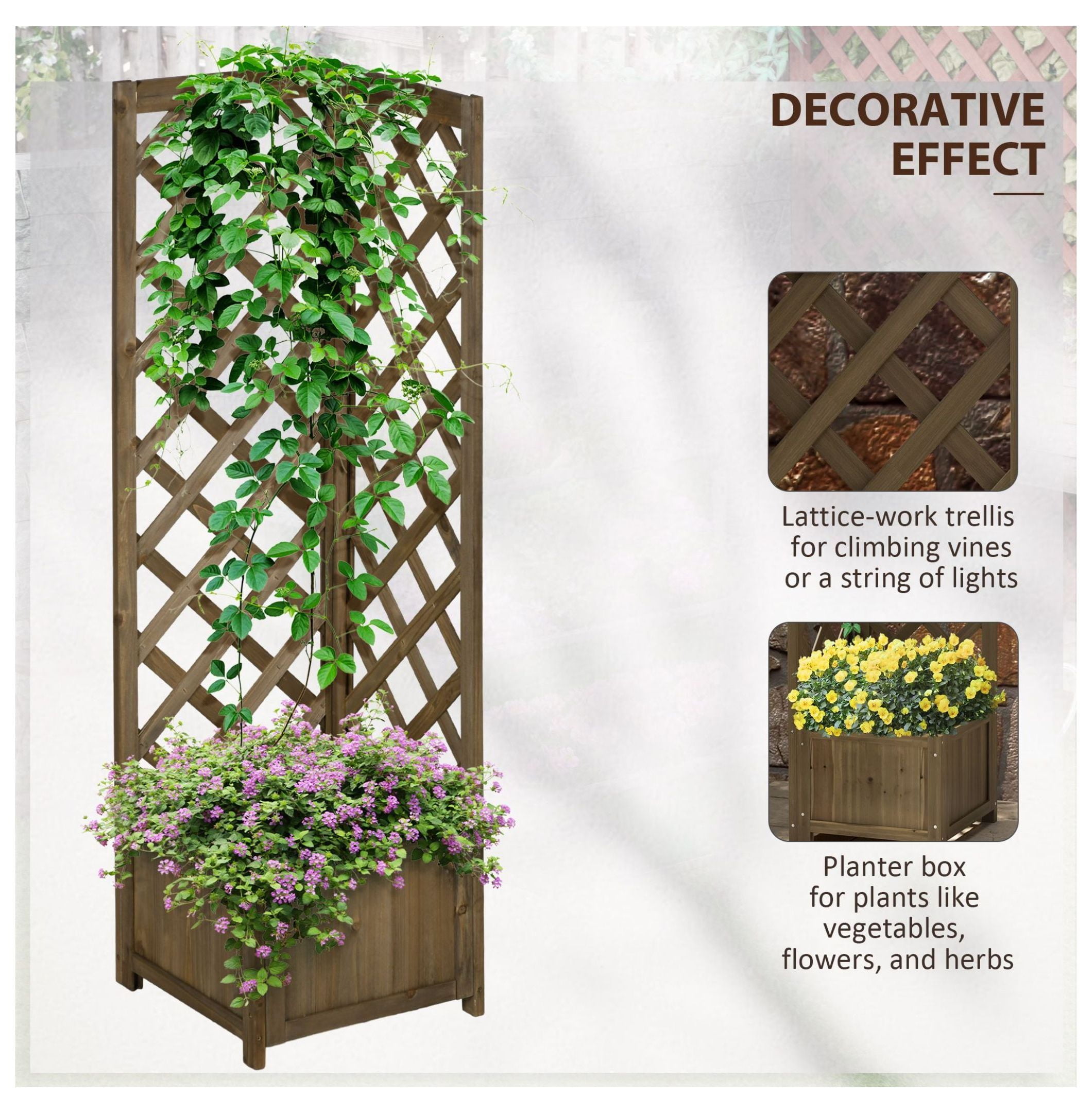 Wooden Raised Garden Bed, Planter with Trellis for Vine Climbing and ...