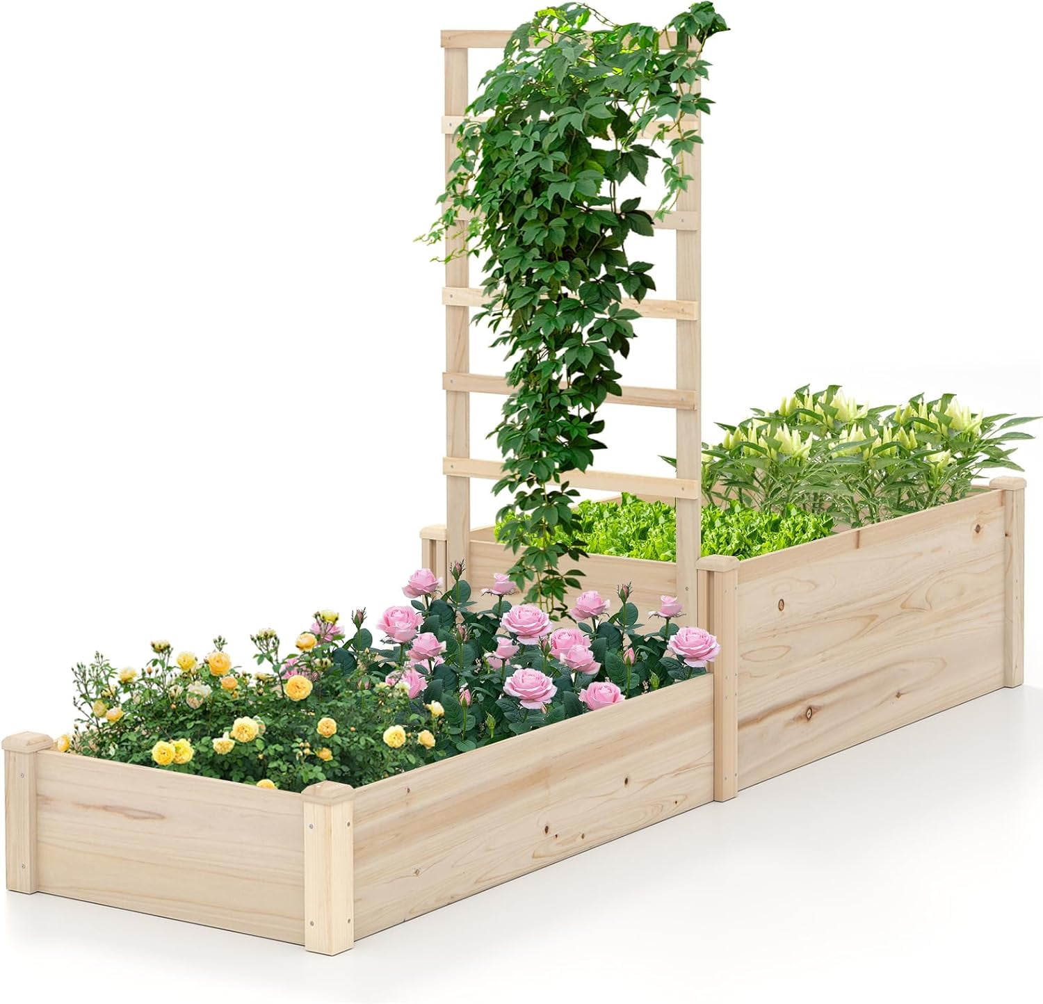 Wooden Raised Garden Bed with Trellis & 2 Planter Boxes, Raised Bed for ...