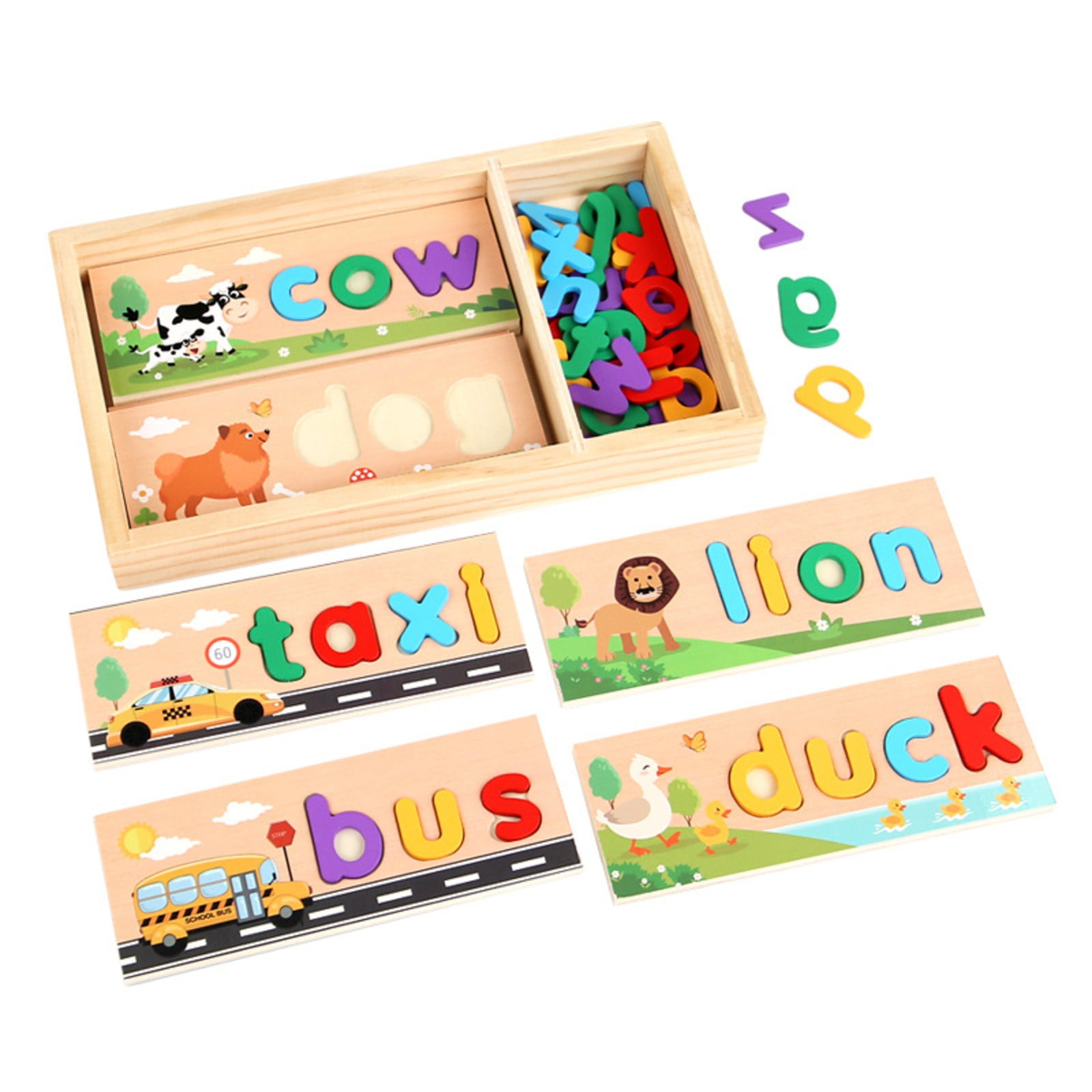 Wooden Read Spelling Learning Toy, Wooden Alphabet Flash Cards Matching ...