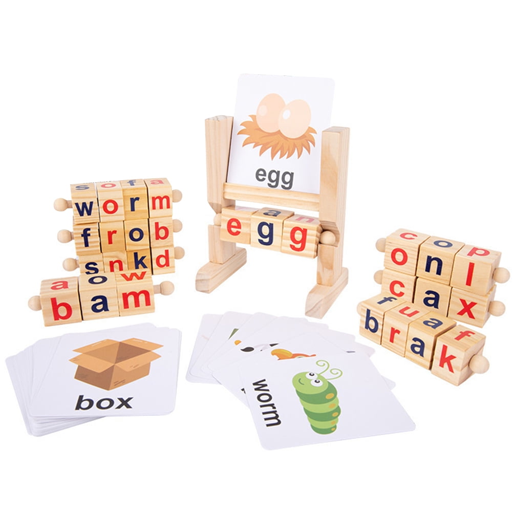 Wooden Reading Blocks for Kids Baby Spelling Games Flash Cards Turning ...