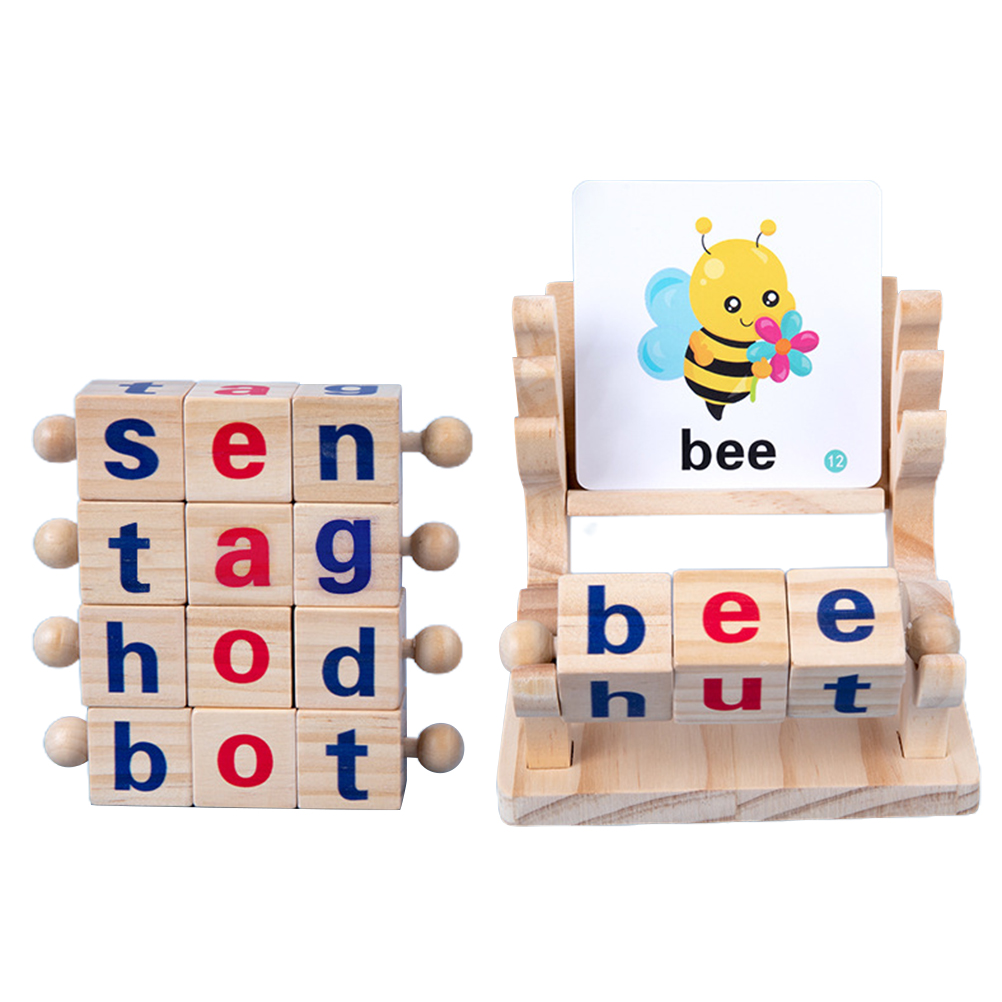 Wooden Reading Blocks for Kids Baby Spelling Games Flash Cards Turning ...